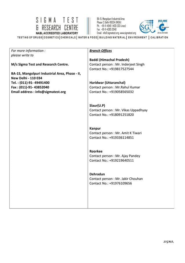 Sigma test research centre company profile | PDF