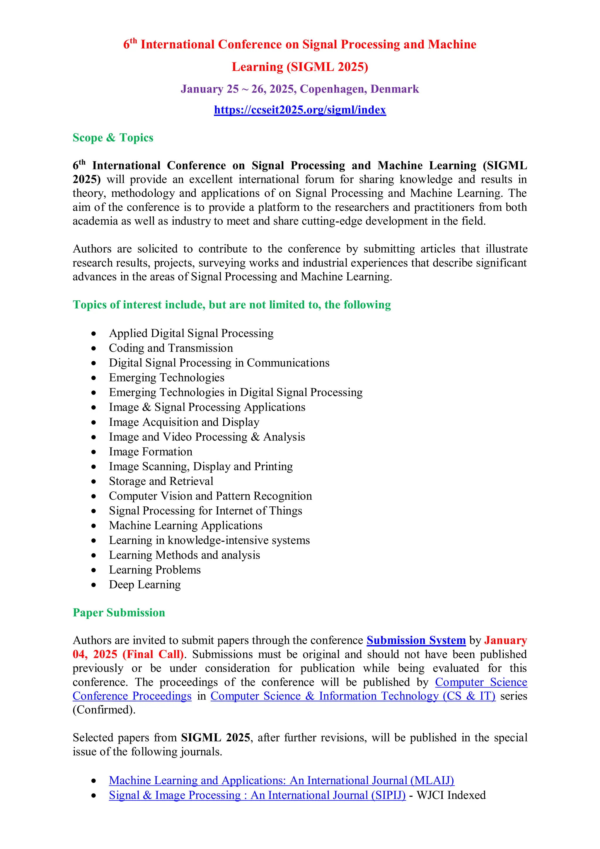 6 th International Conference on Signal Processing and Machine Learning ...