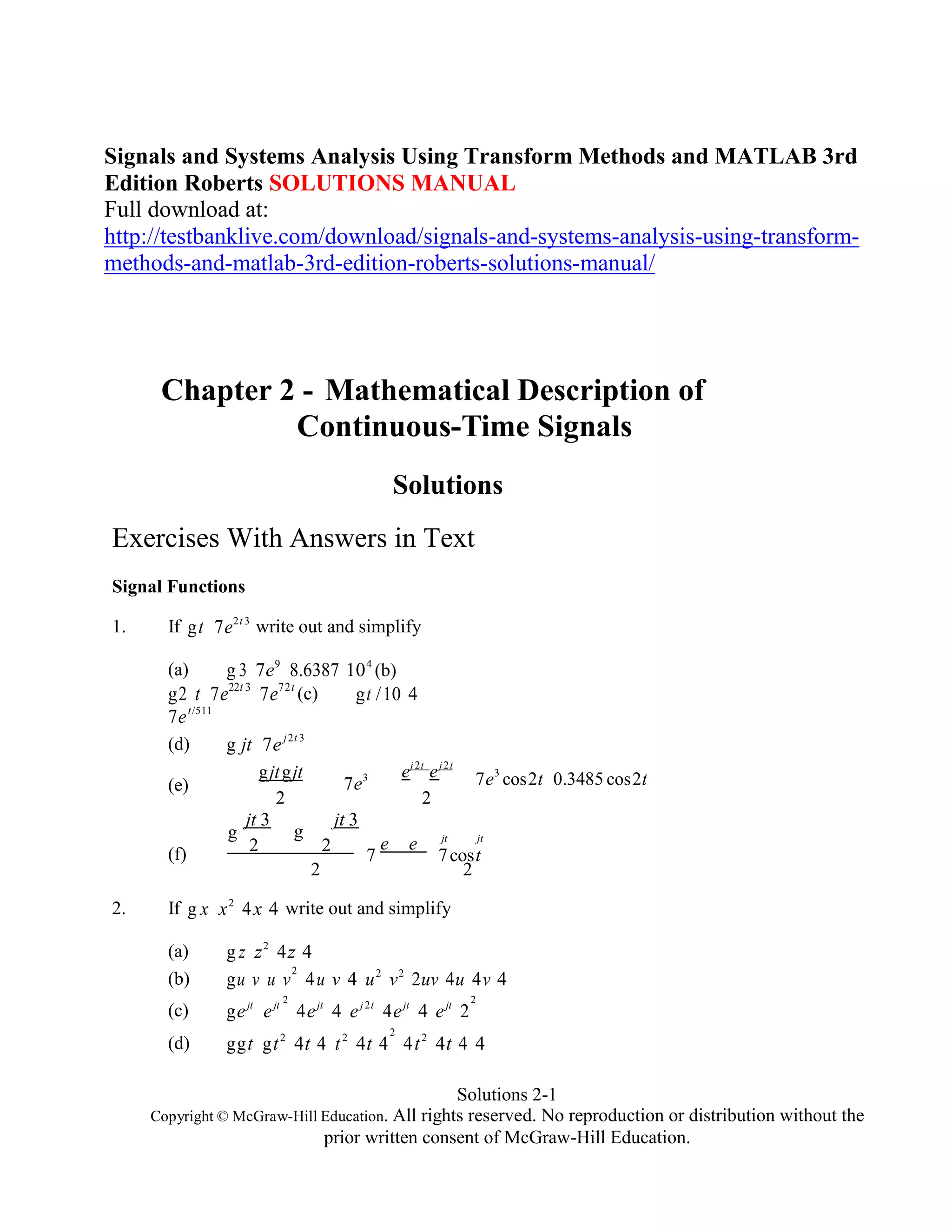 Signals And Systems Analysis Using Transform Methods And Matlab 3rd Edition Roberts Solutions