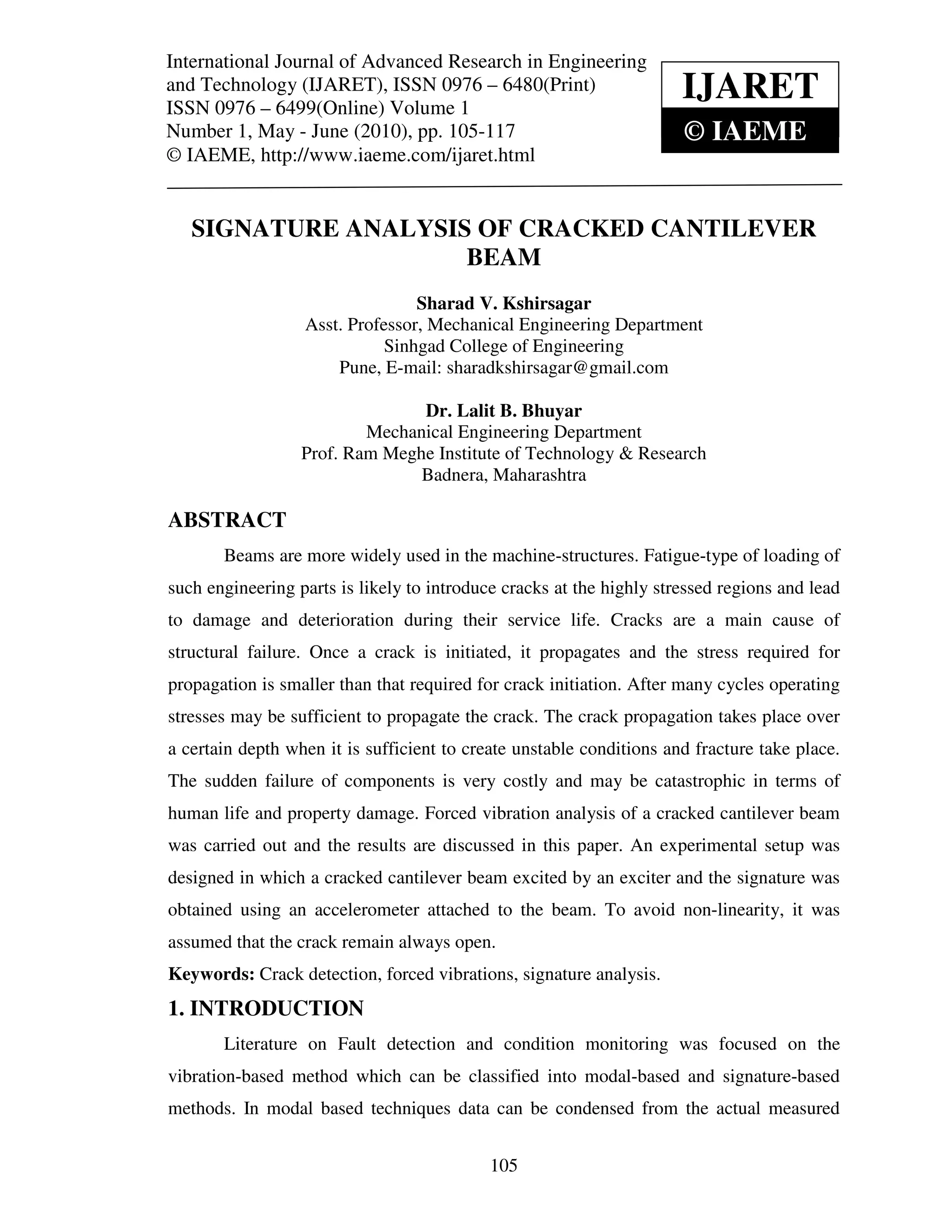 Signature analysis of cracked cantilever beam | PDF
