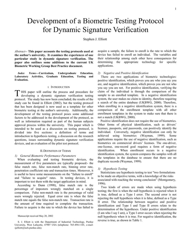 2002 Development Of A Biometric Testing Protocol For Dynamic Signature Verification Pdf