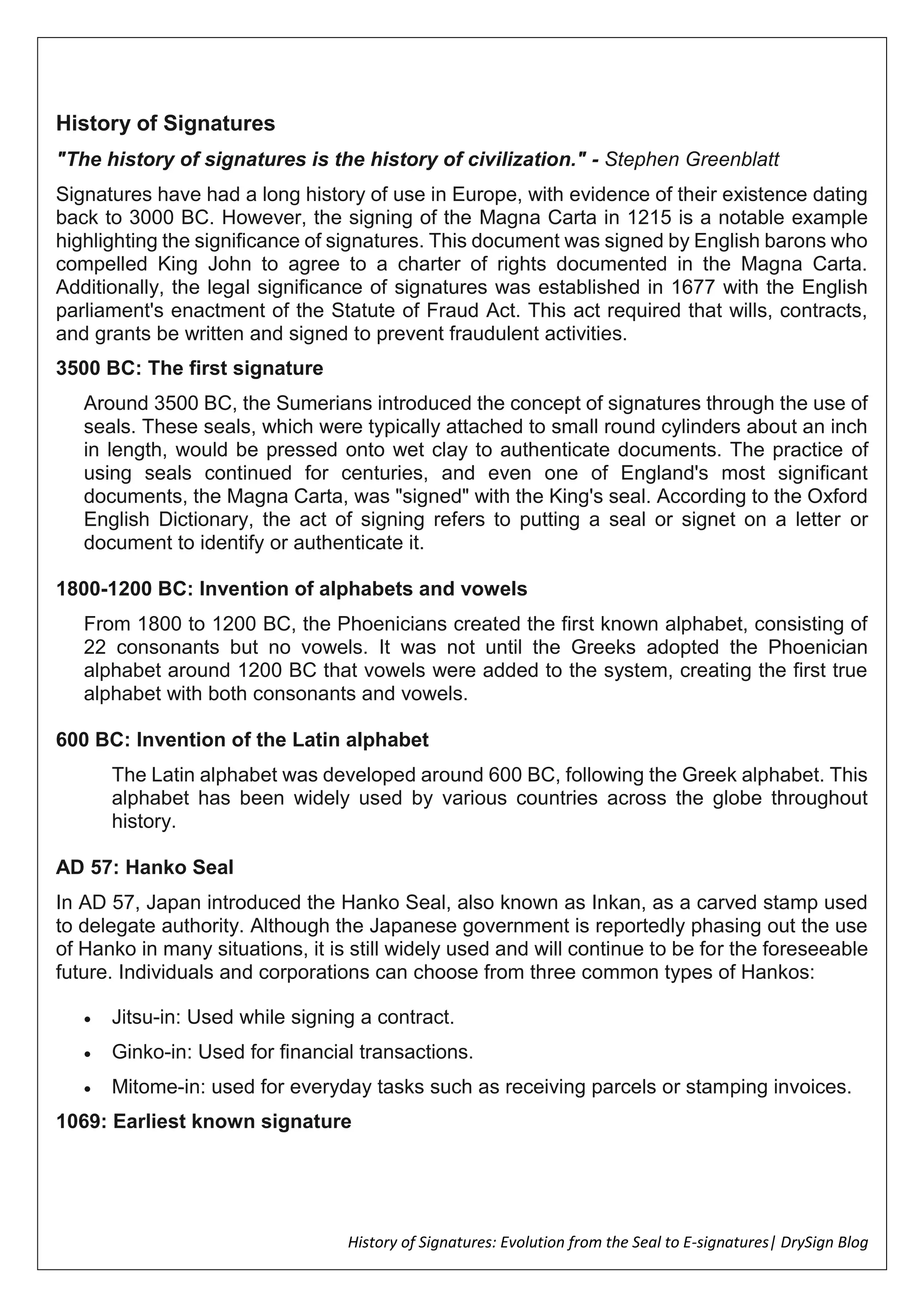 Signatures Through the Ages: Tracing the Evolution from Seals to E ...