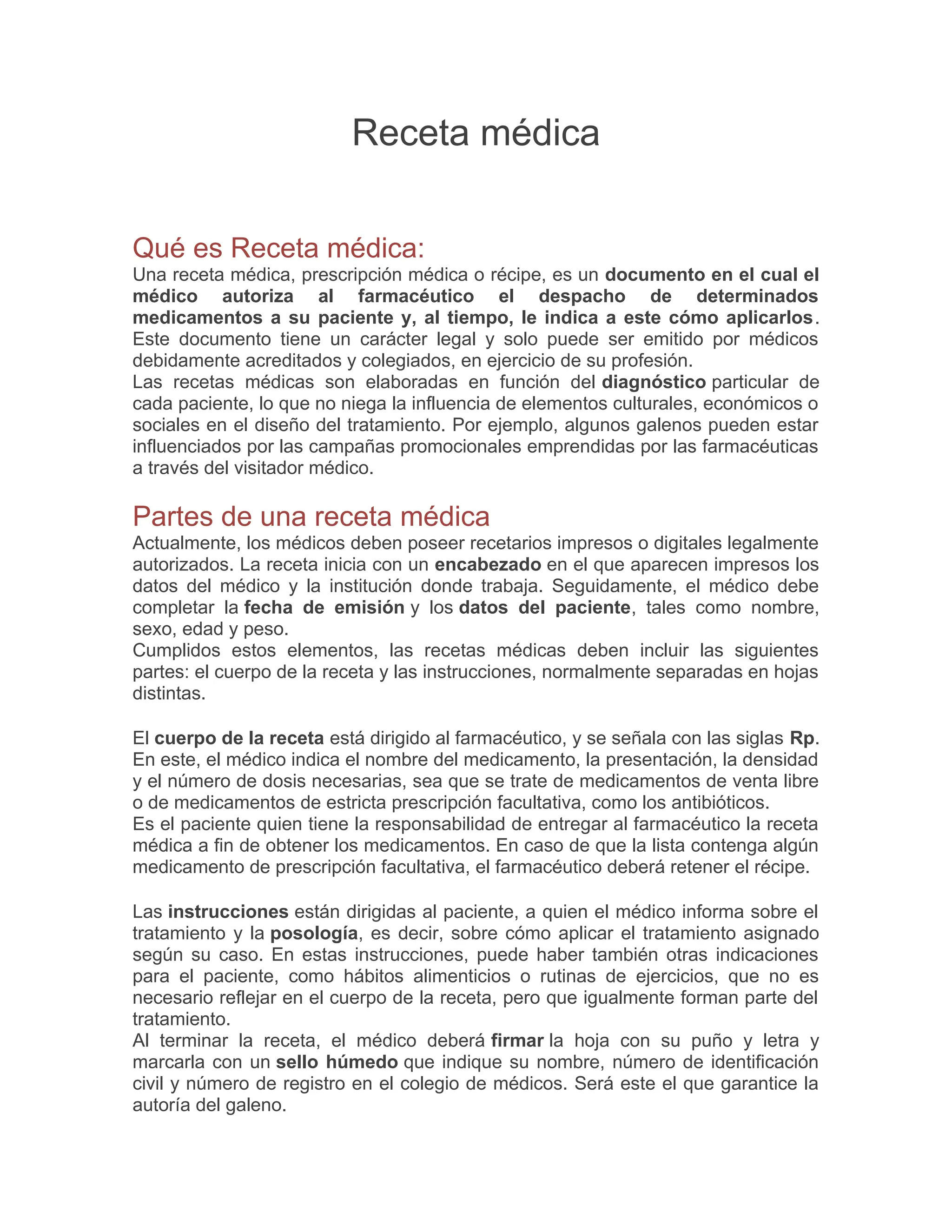 Significado de Receta médica. Farmacología | DOCX