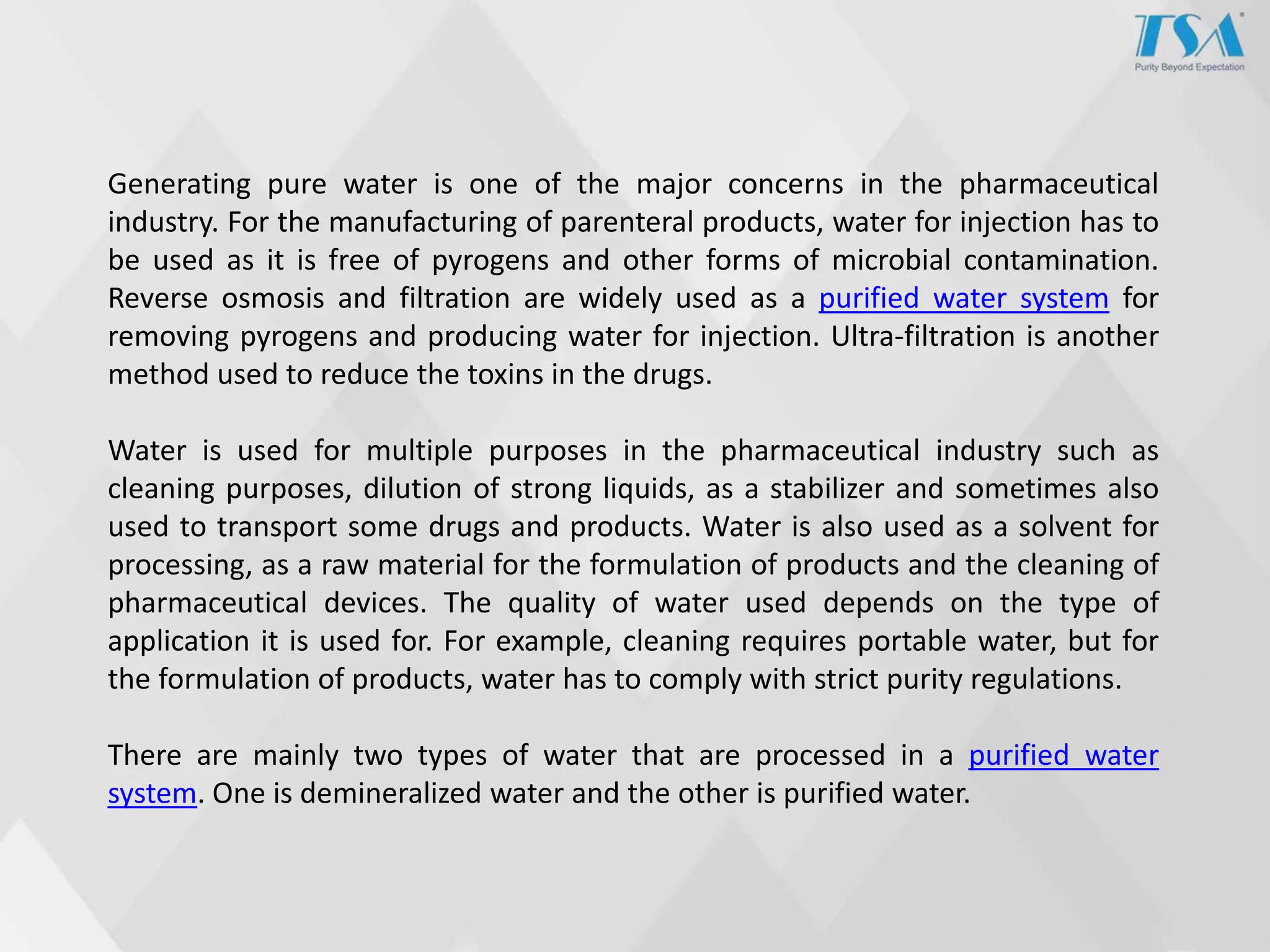 Significance of purified water system in a pharma industry | PPTX