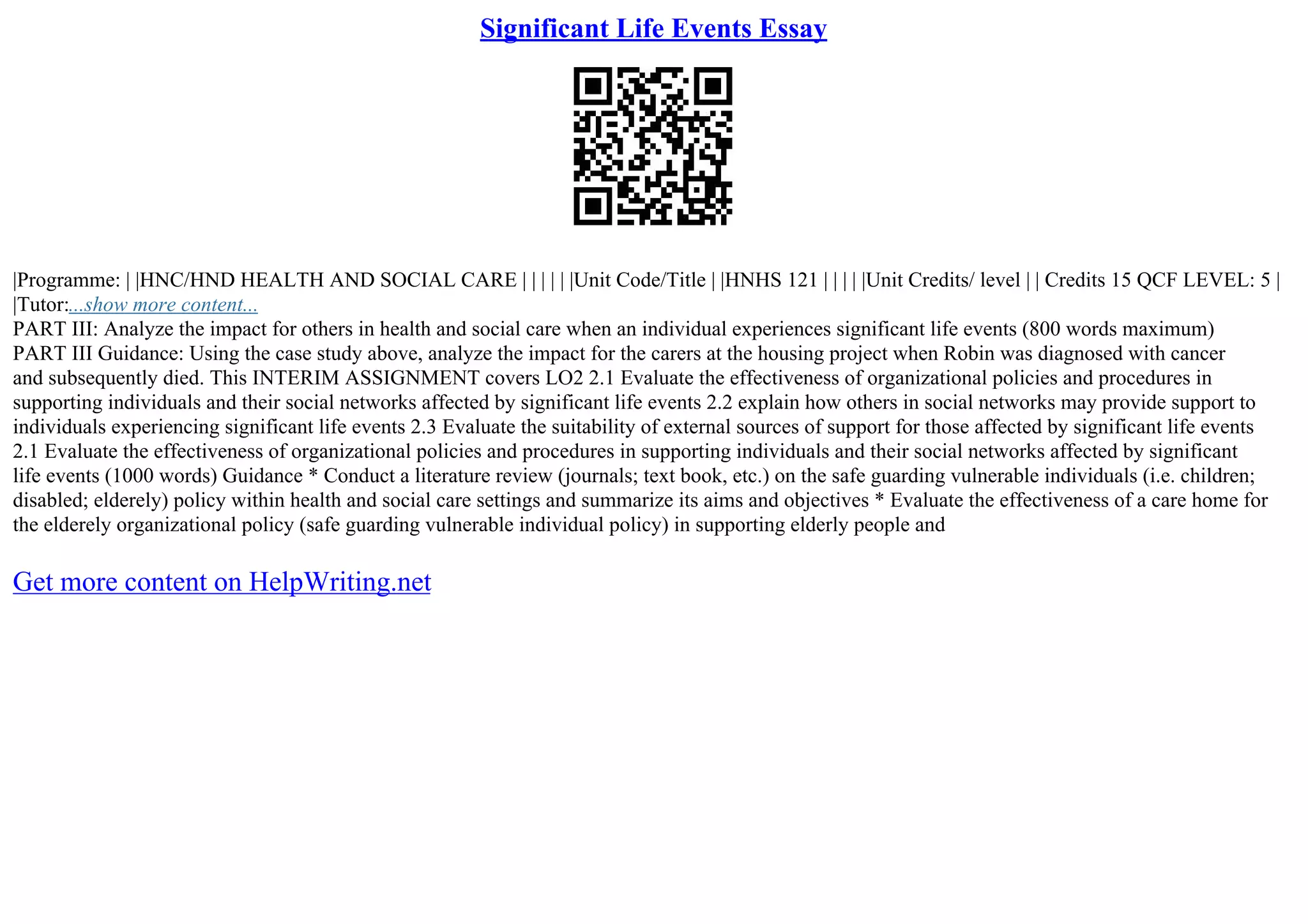 Significant Life Event | PDF