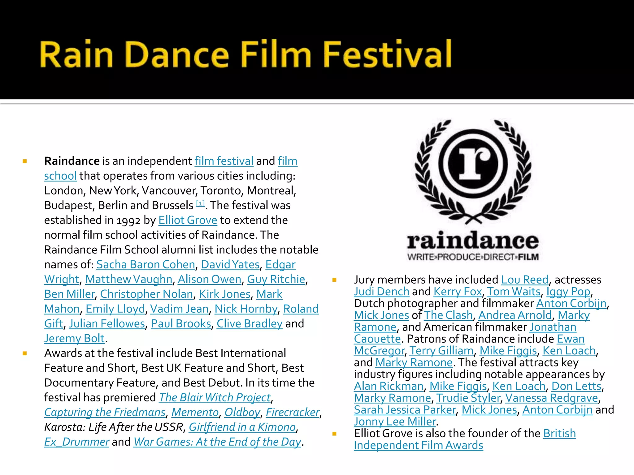 Significant or notable film festivals independant | PPTX