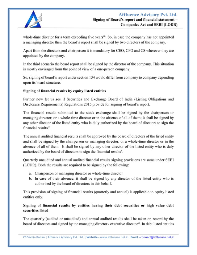 Signing of Board’s report and financial statement – Companies Act and ...