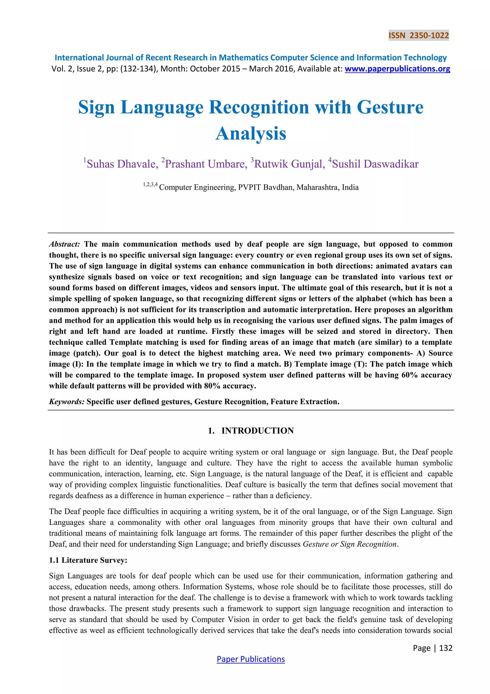 Sign Language Recognition with Gesture Analysis | PDF