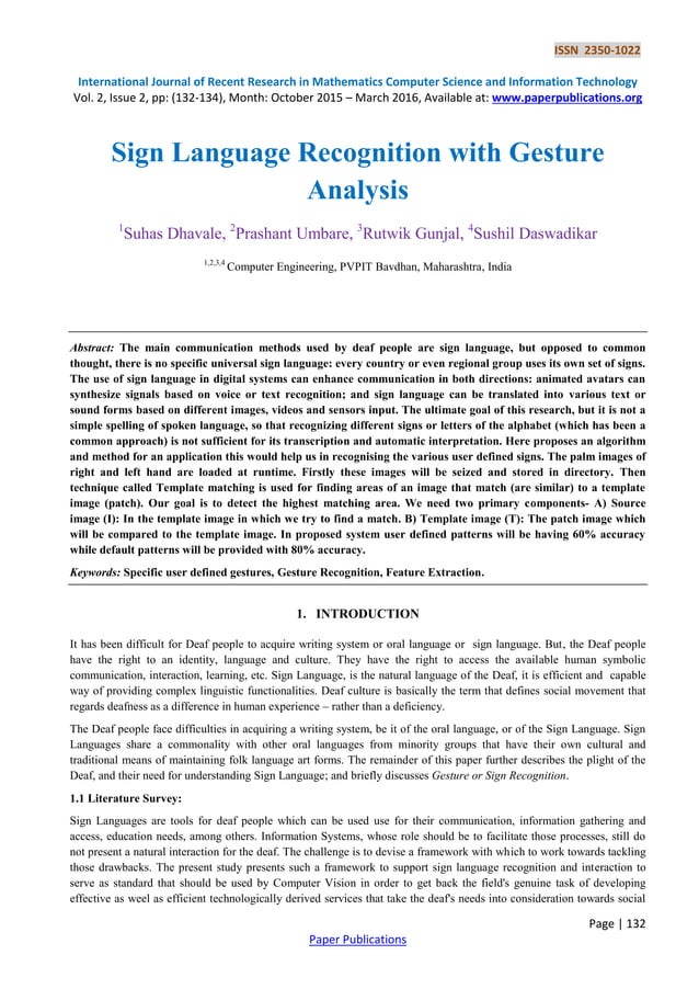 Sign Language Recognition with Gesture Analysis | PDF