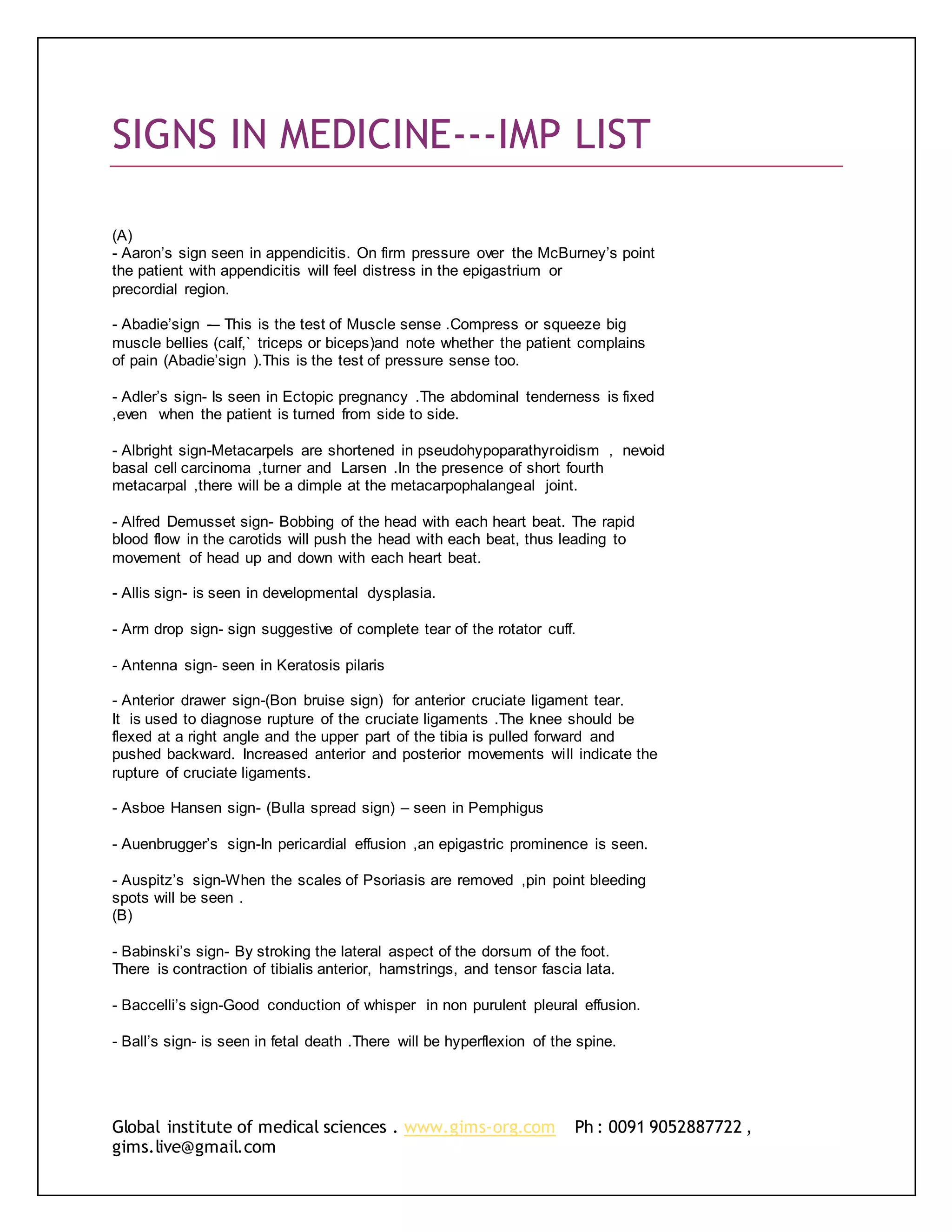 Signs in medicine | DOCX