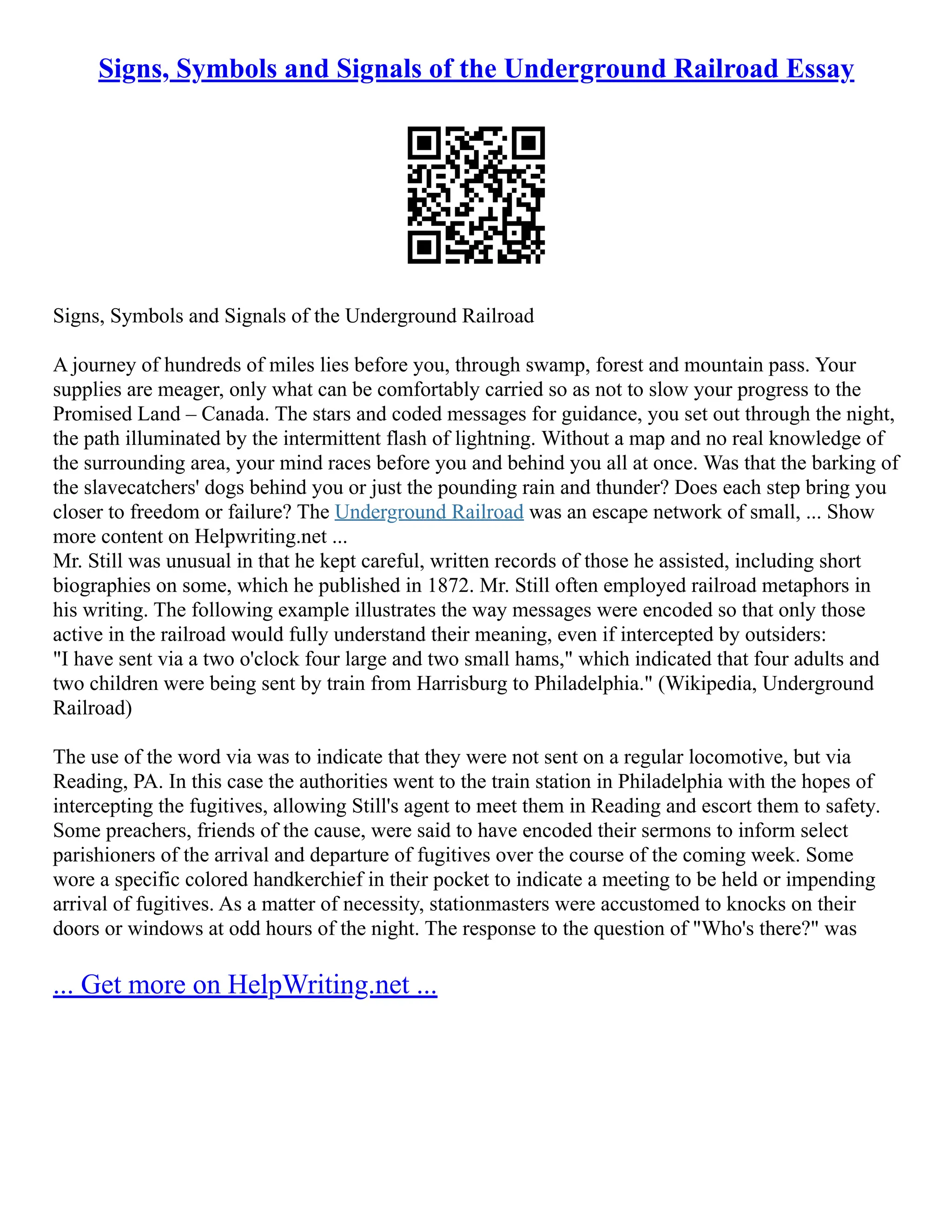 Signs, Symbols And Signals Of The Underground Railroad Essay | PDF