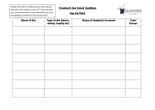 Sign up Sheet for Auditions | DOCX