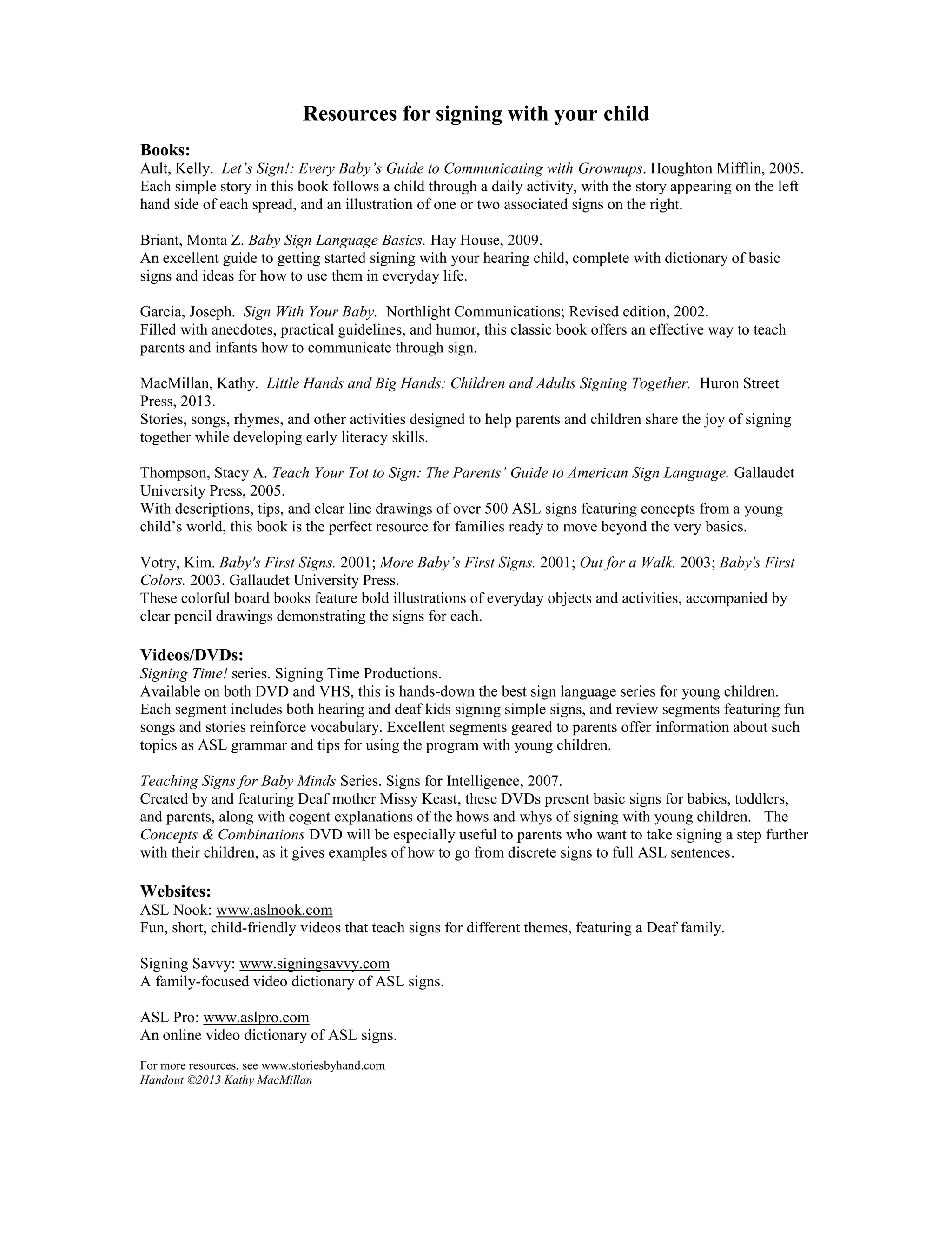 Liven Up Baby and Toddler Storytimes with Sign Language: Parent Handout ...