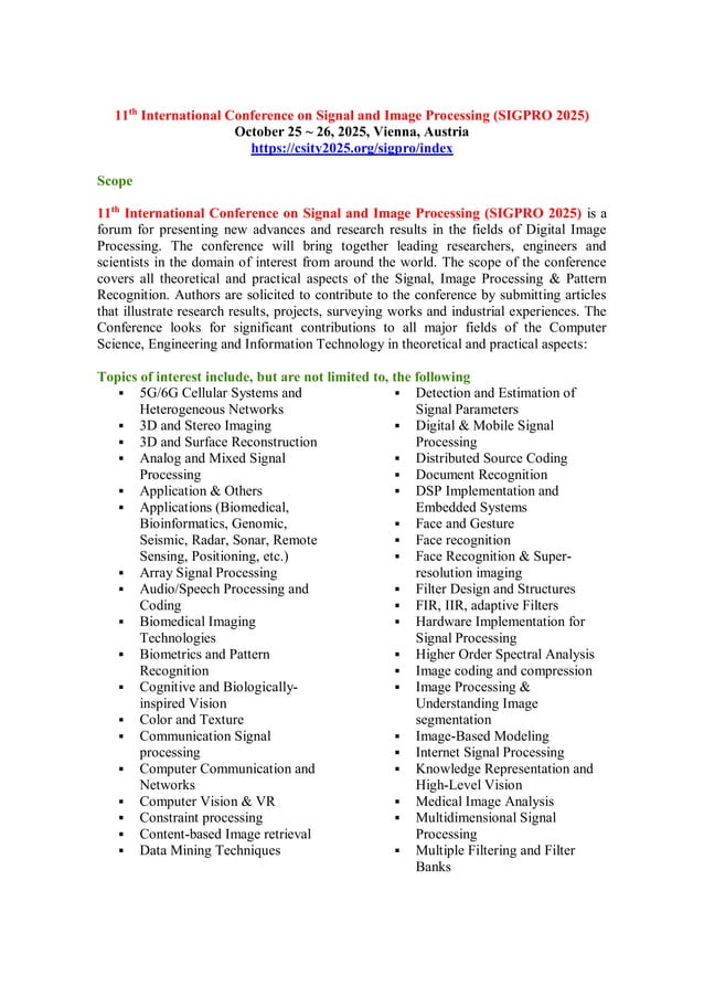 11th International Conference on Signal and Image Processing (SIGPRO 2025) | PDF