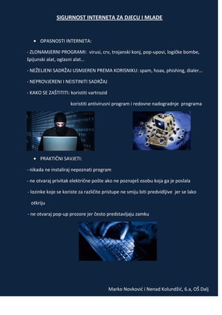 Sigurnost interneta za djecu i mlade | DOCX