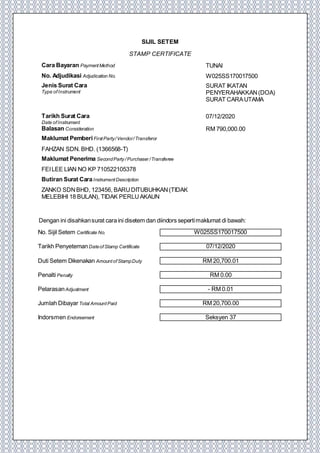 Sijil Setem Memorandum of Transfer/Memorandum Pindahan/Memorandum ...