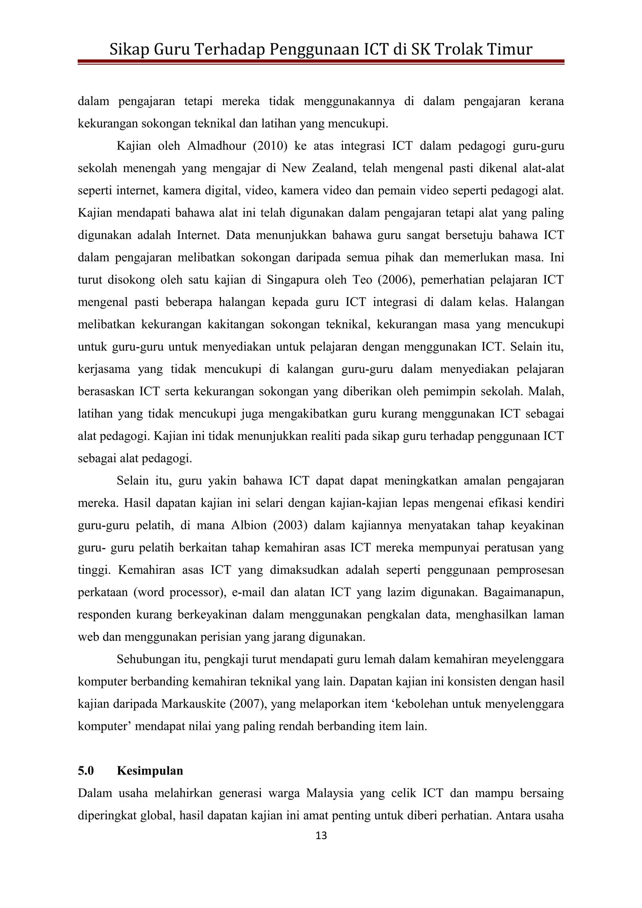 Sikap guru terhadap penggunaan ict di sekolah kebangsaan trolak timur | DOC