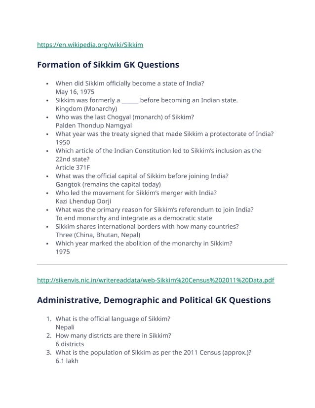 sikkim: 100 Important General knowledge questions | DOCX