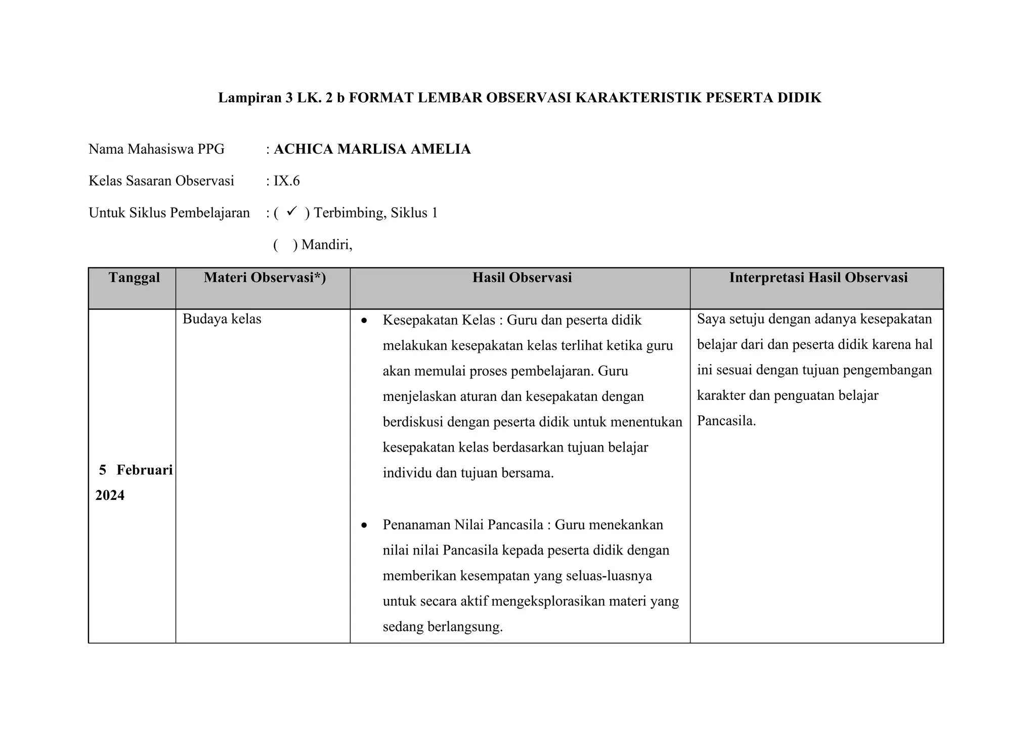 Siklus 1 Lampiran 3. LK 2b Lembar Observasi Karakteristik Peserta Didik ...