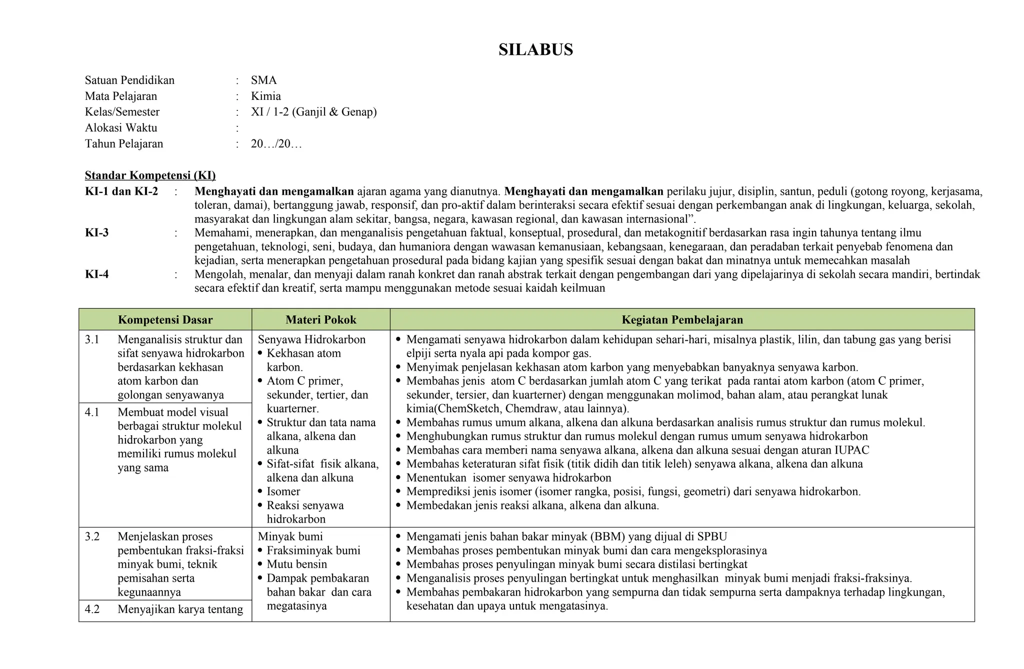 Silabus. kurikulum merdeka. Mata pelajaran kimia | DOCX