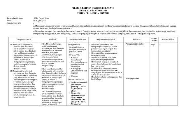 Silabus Bahasa Inggris Kelas 8 Kurikulum 2013 Revisi | PDF