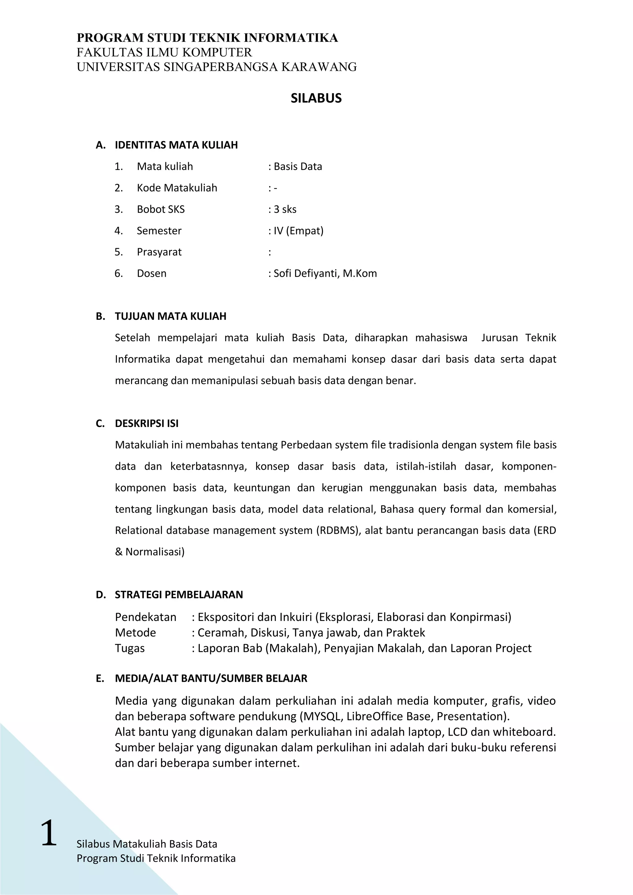 Silabus basis data | PDF