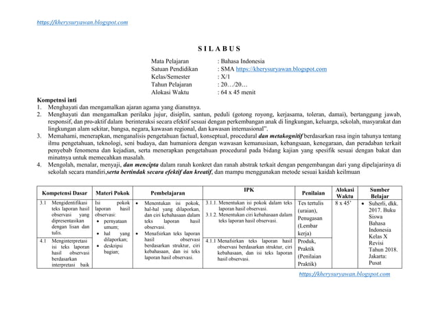 SILABUS BINDO KLS X SMSTR 1 MAPEL BAHASA INDONESIA | DOCX