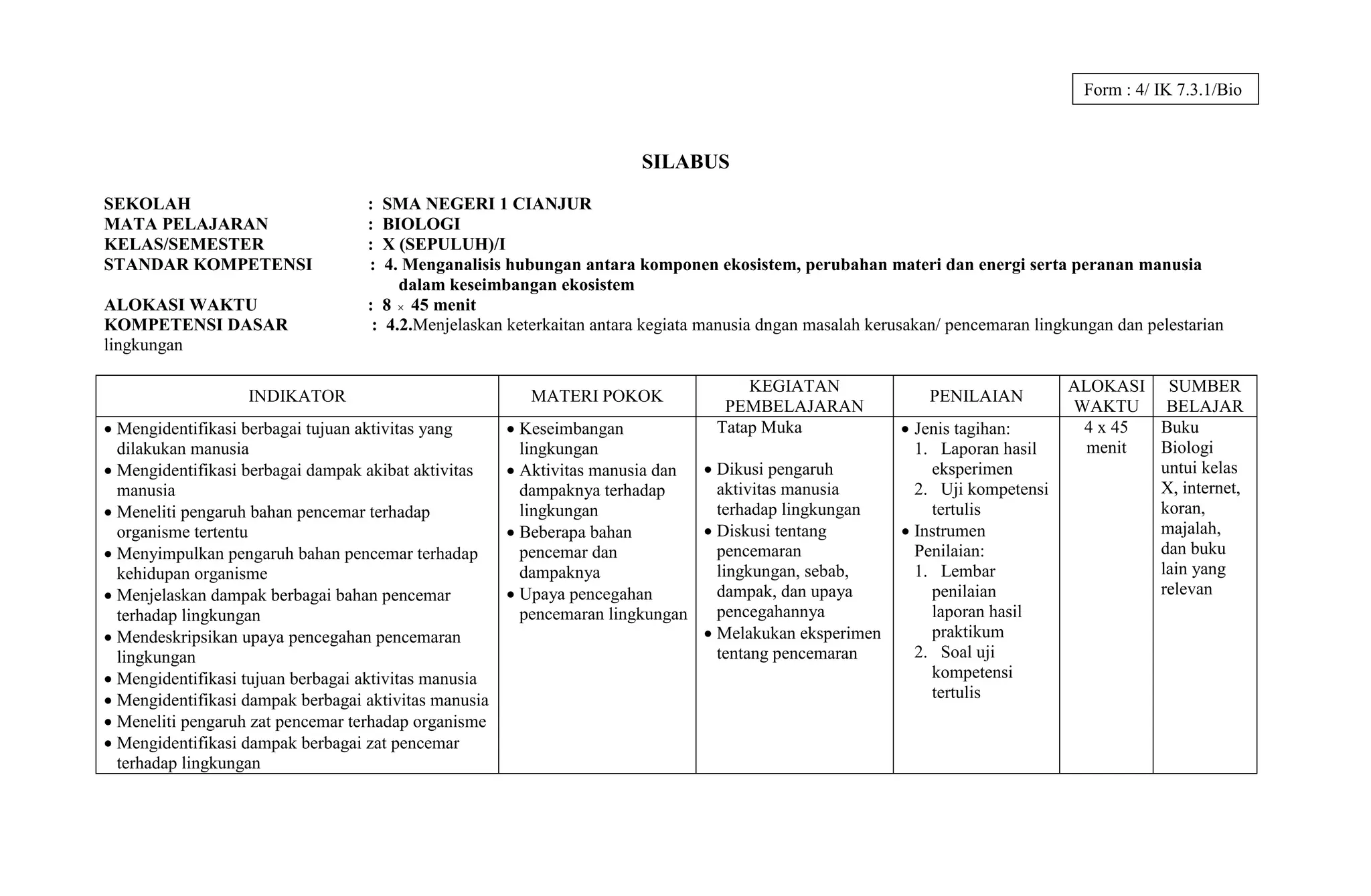 SILABUS Biologi Kelas X 1) .doc