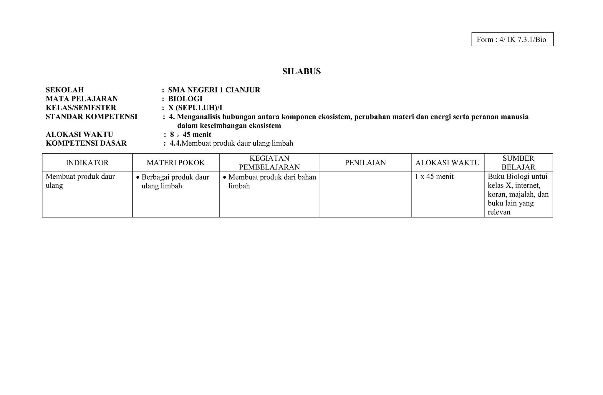 SILABUS Biologi Kelas X 1) .doc