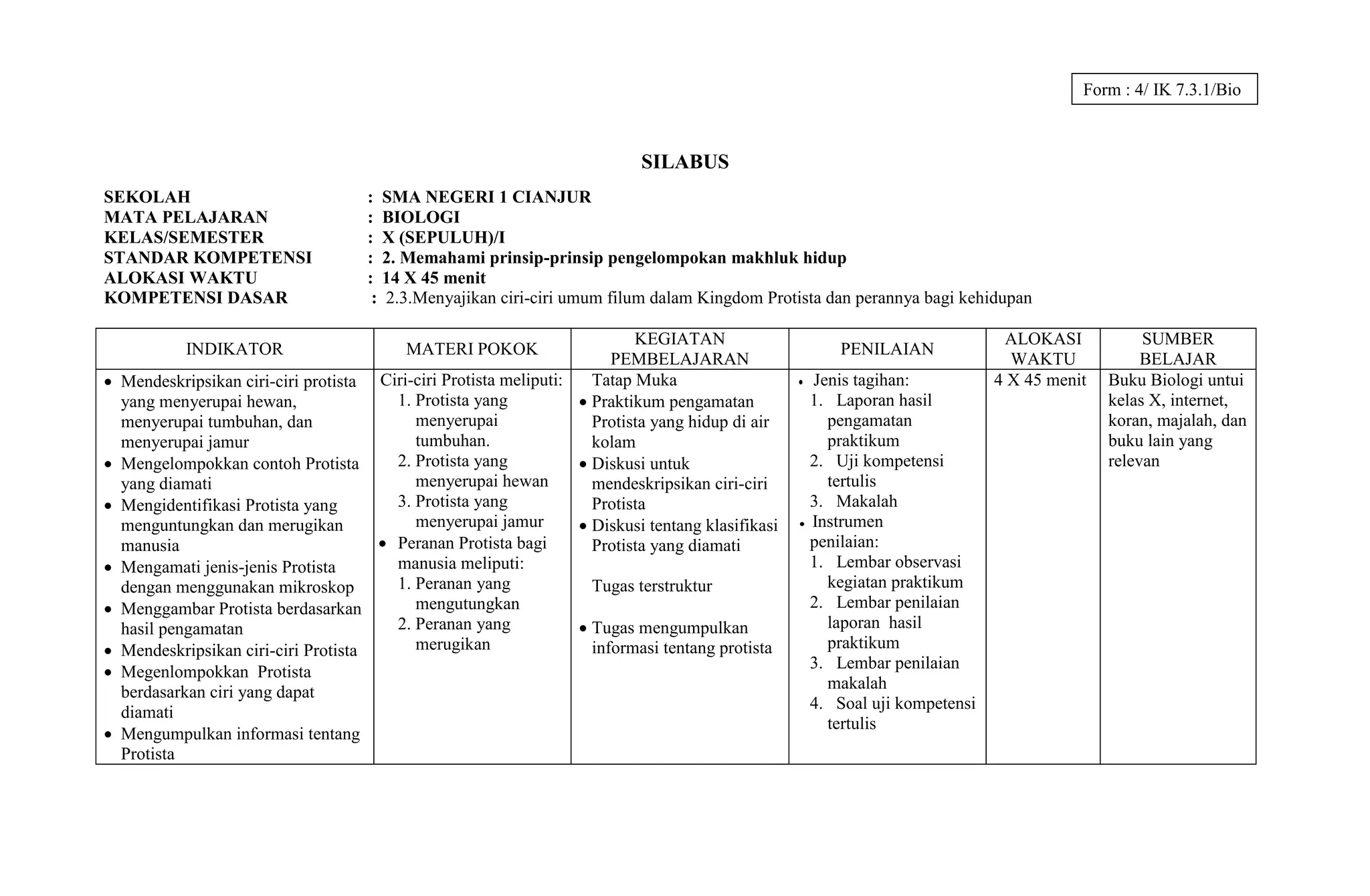 SILABUS Biologi Kelas X 1) .doc
