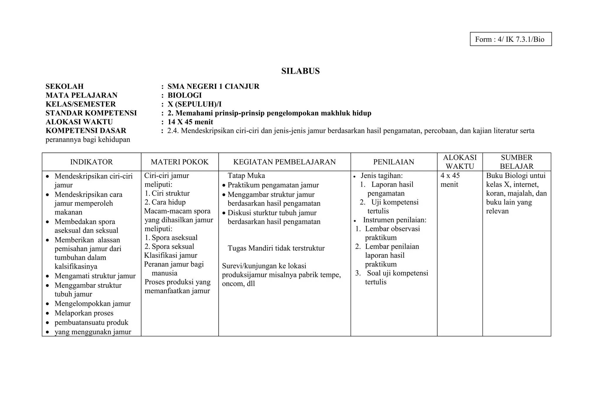 SILABUS Biologi Kelas X 1) .doc