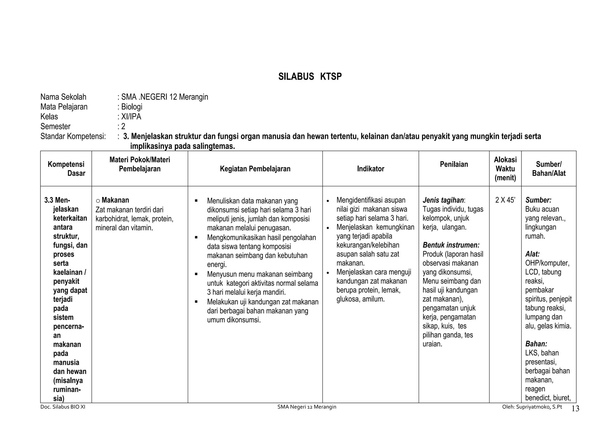 Silabus biologi kelas xi | DOC