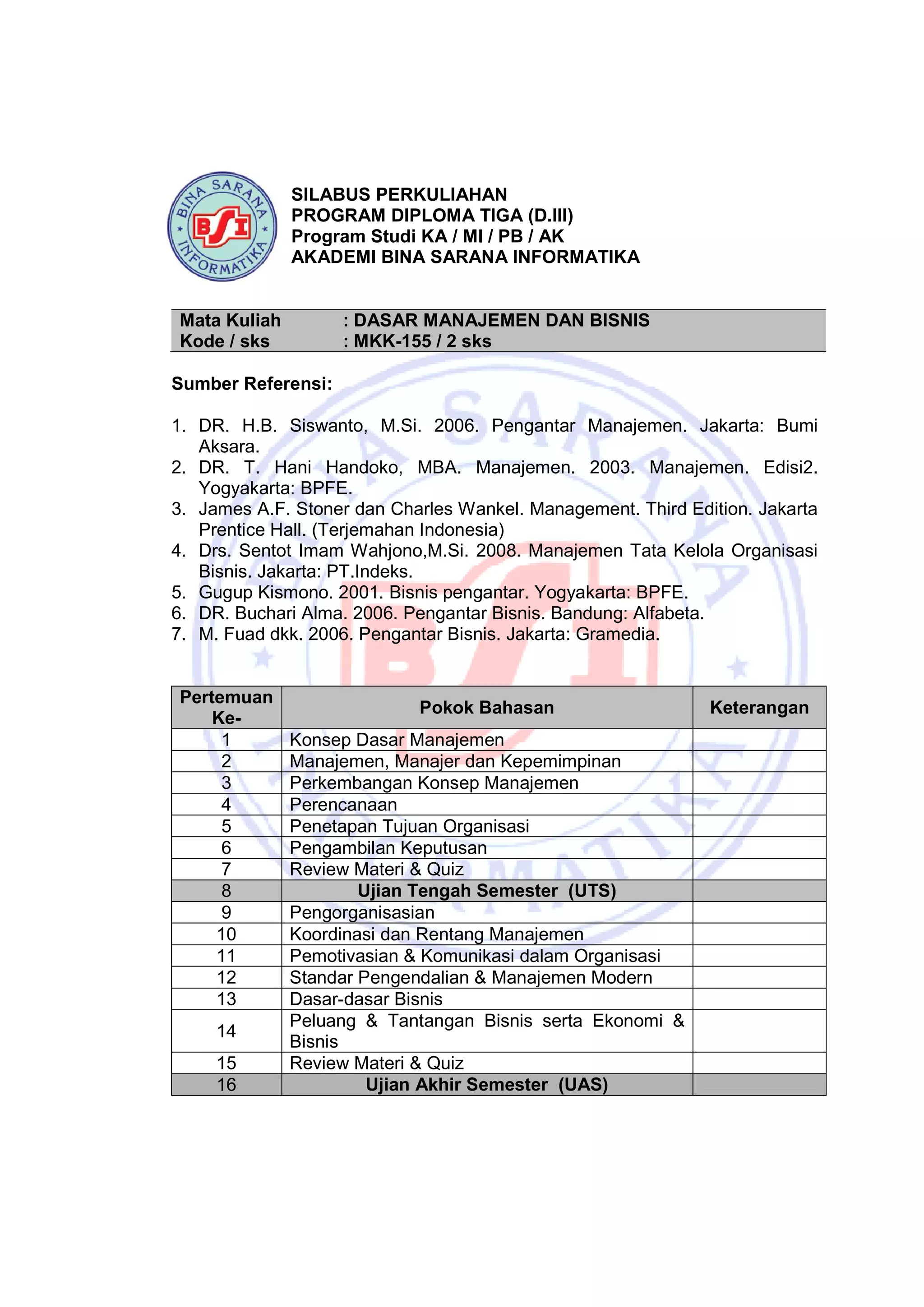 Silabus dasar manajemen dan bisnis | PDF