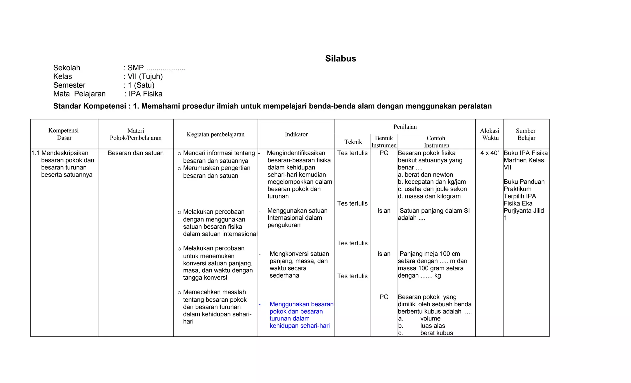 Silabus fisika smp kelas 7(1) | DOC