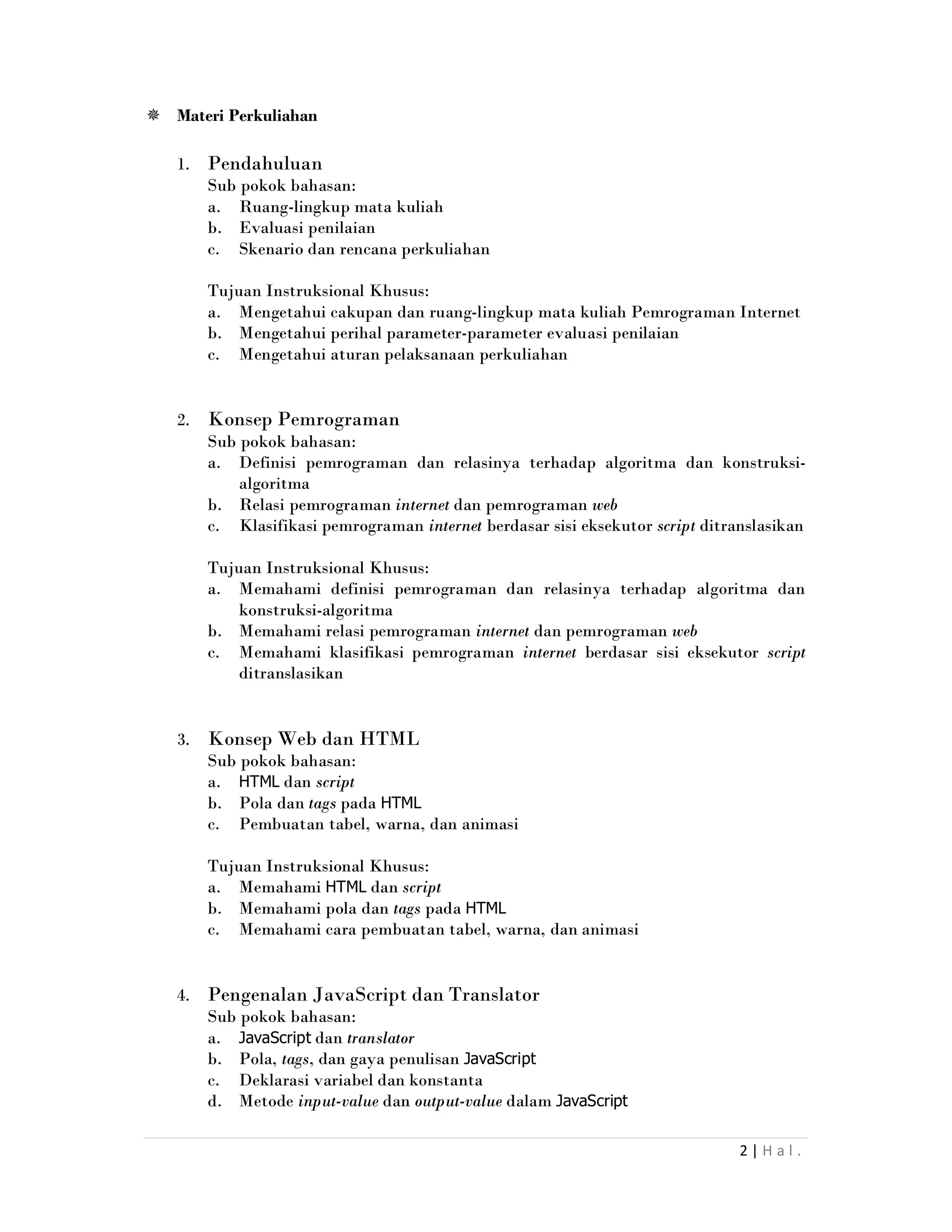 Silabus Pemrograman Internet | PDF