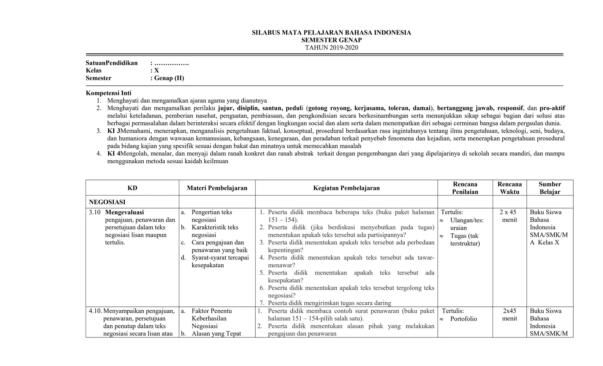 Silabus Bahasa Indonesia Kelas X Semester 2 (Genap) | PDF