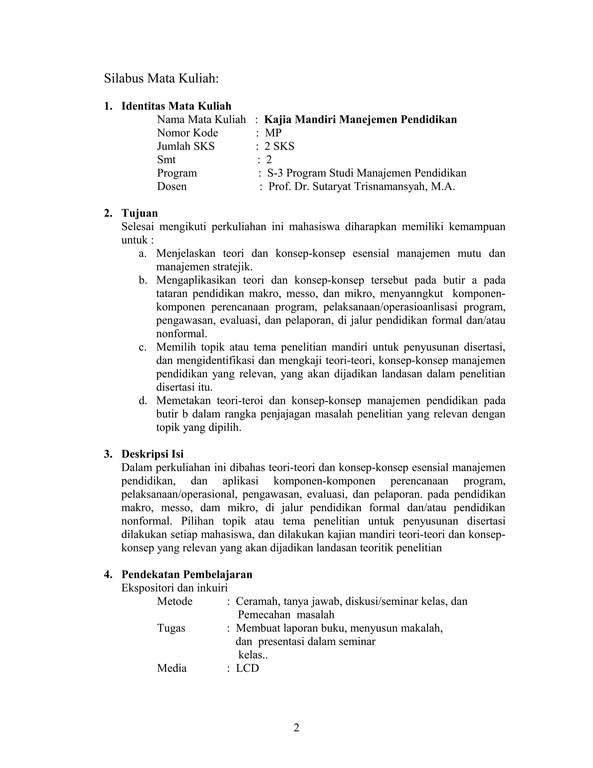 Silabus kajian mandiri s3 | PDF