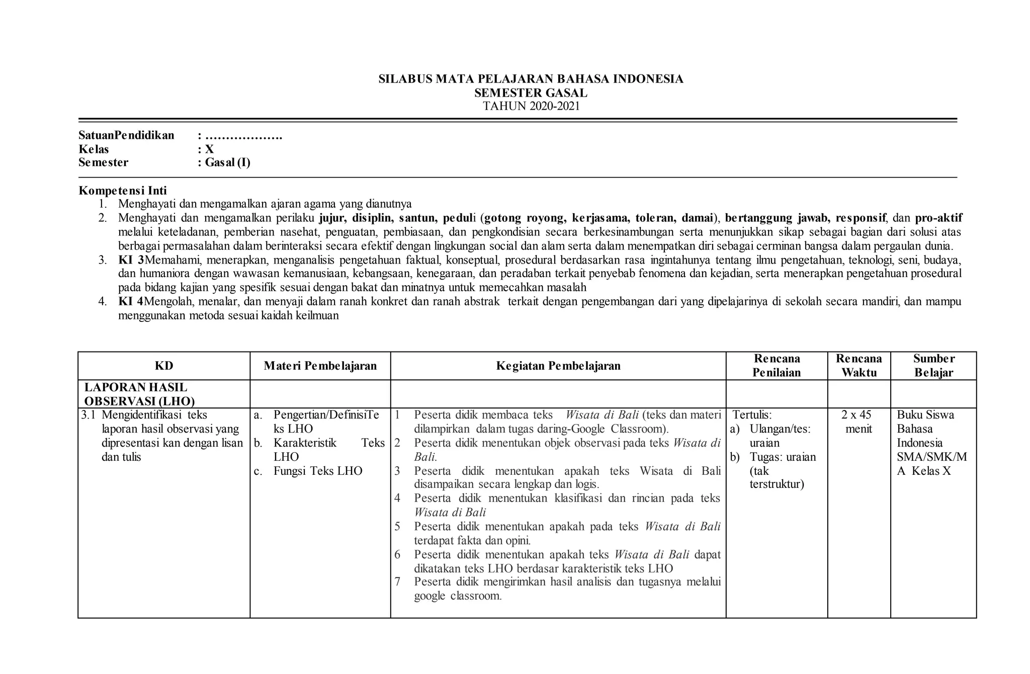 Silabus Bahsa Indonesia Kelas X Semester 1 | DOCX