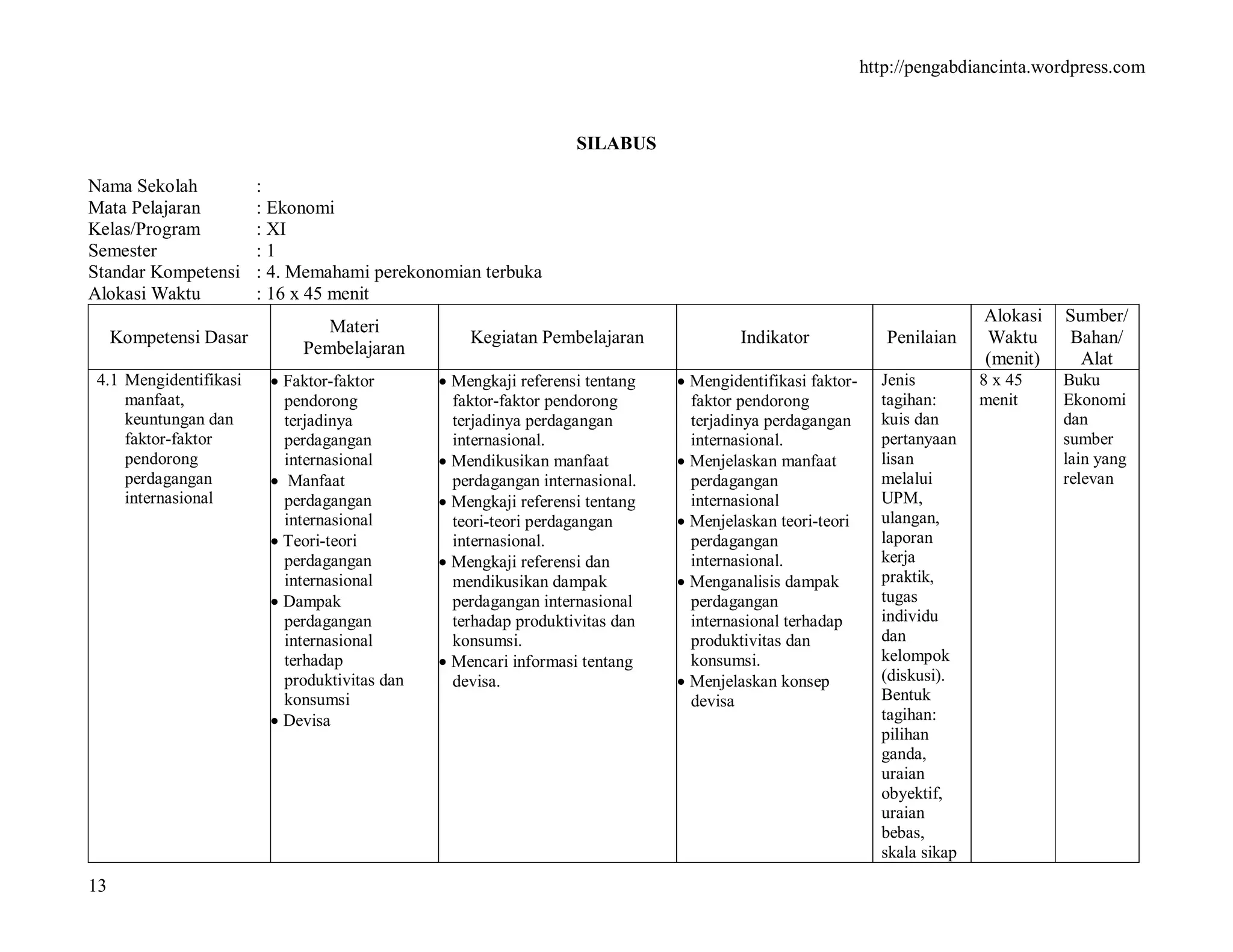 Silabus kelas xi ekonomi | PDF