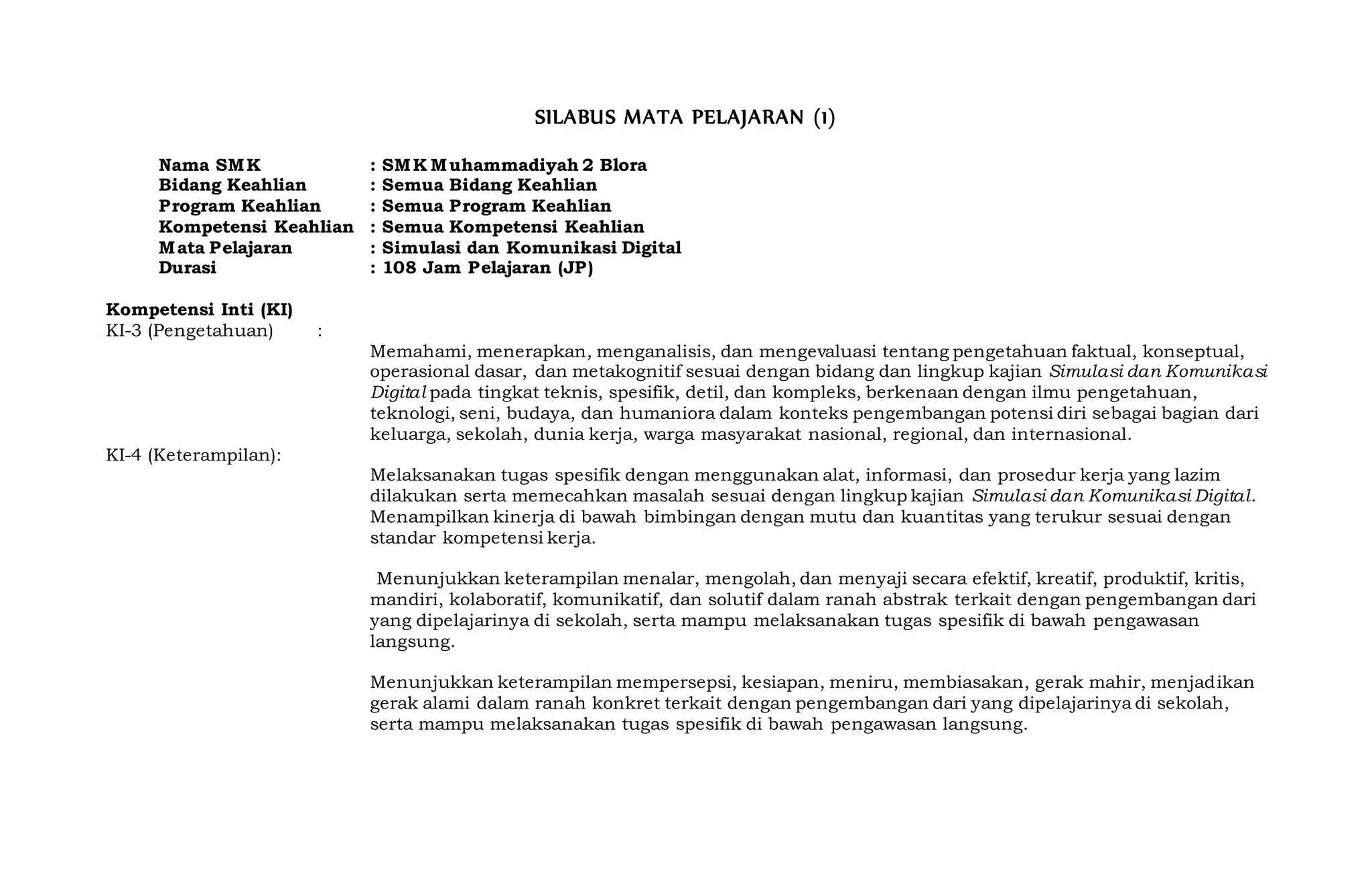Silabus mata pelajaran simkomdig 2018 | PPT
