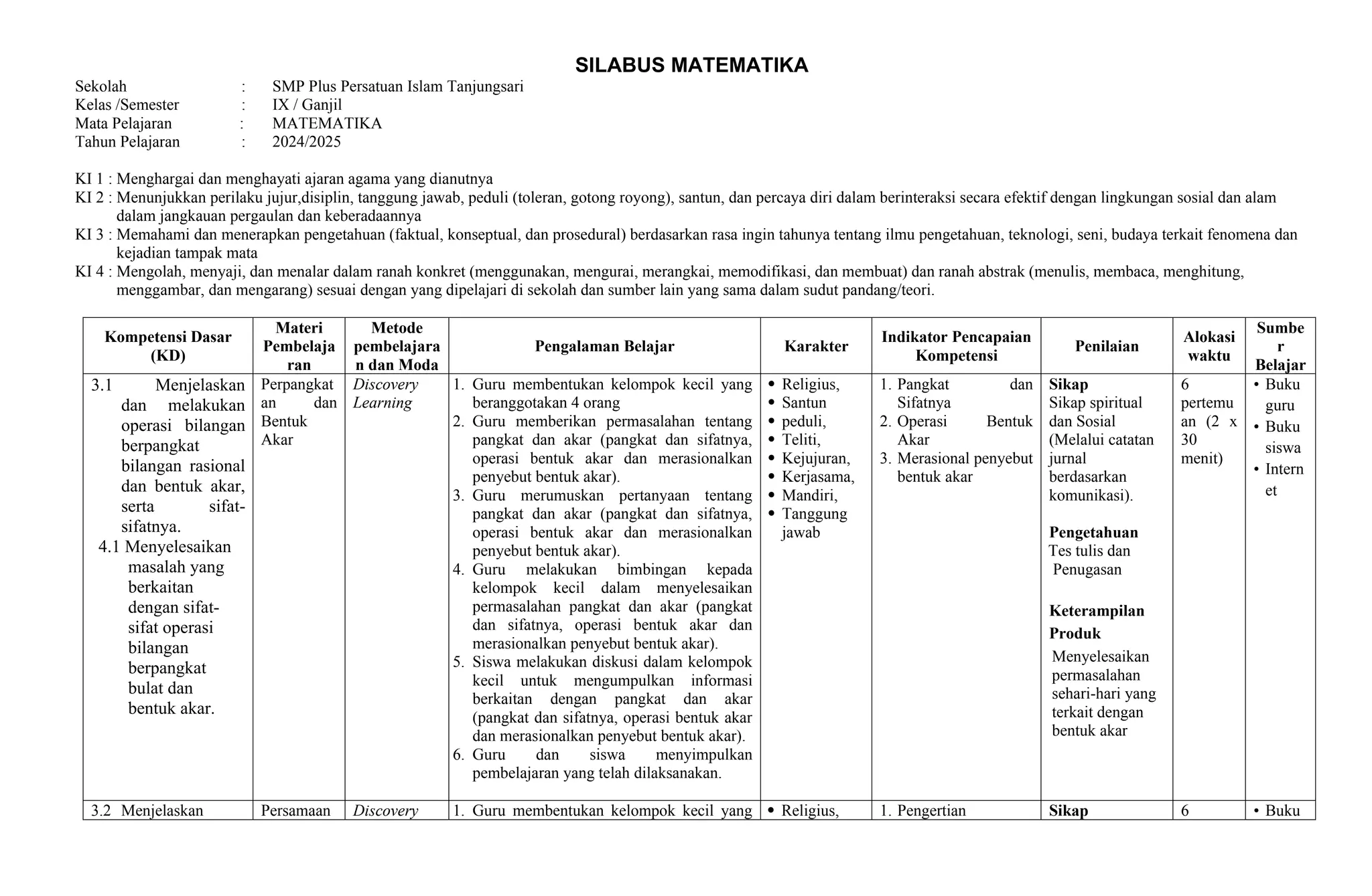 Silabus Matematika Kelas 9 semester 1 docx | PPT