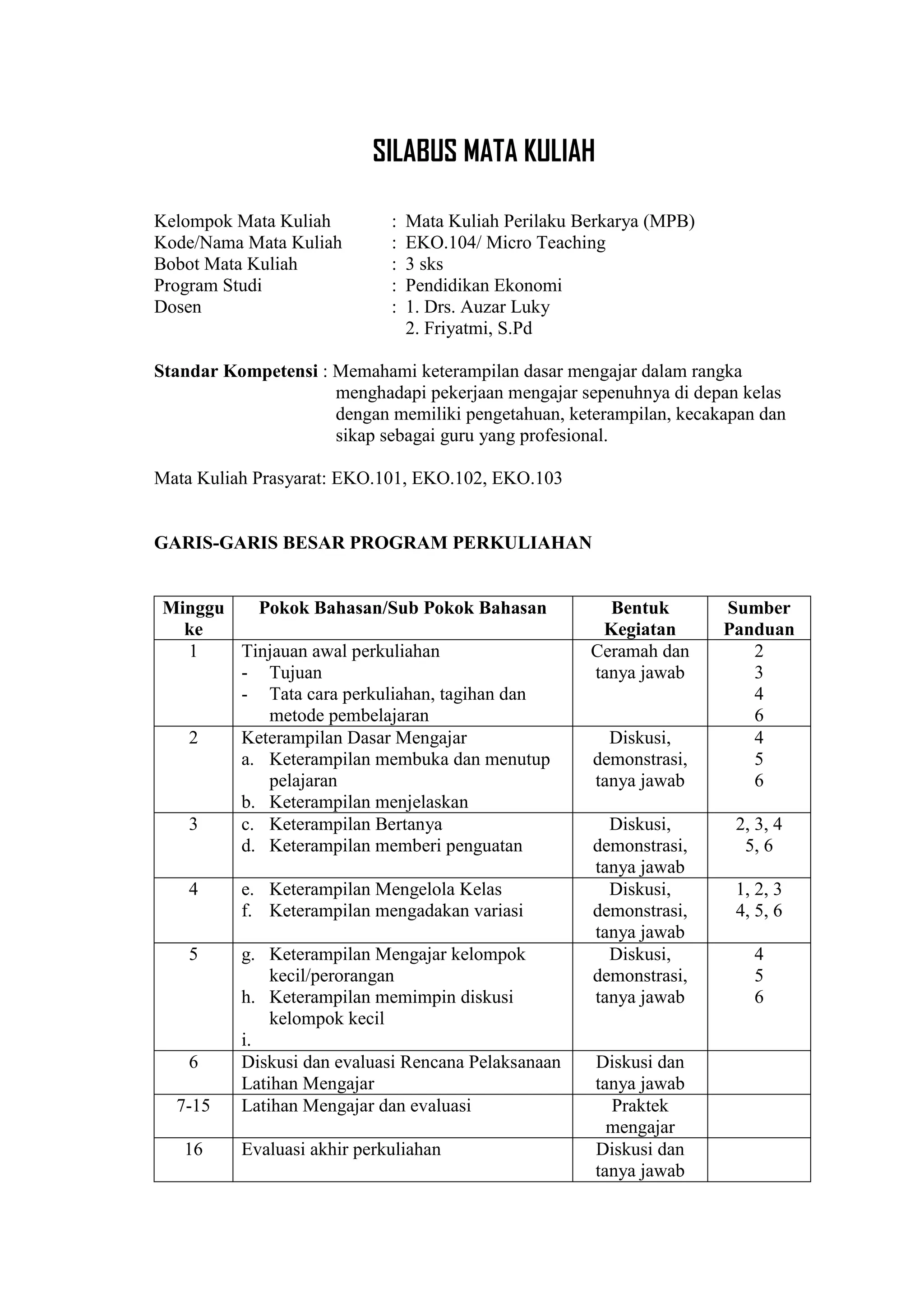 Silabus micro teaching | PDF