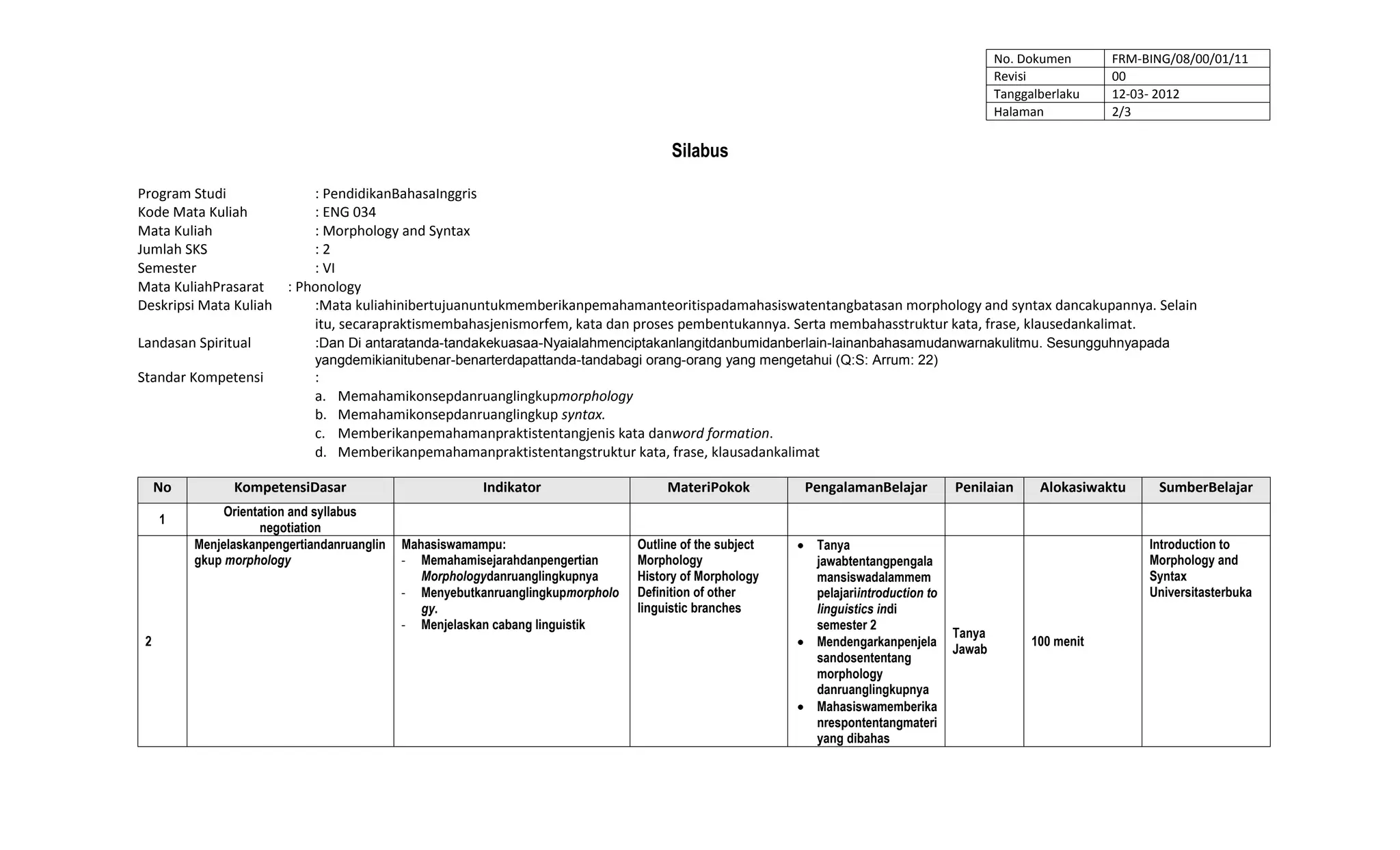 Silabus morphology and syntax umt | DOCX