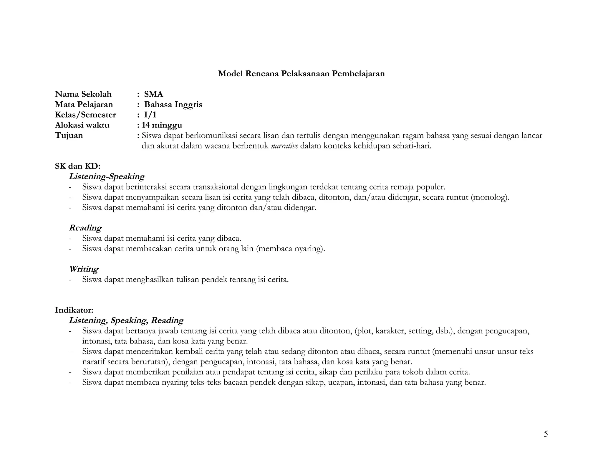 Contoh silabus dan RPP bhs inggris SMA | DOC