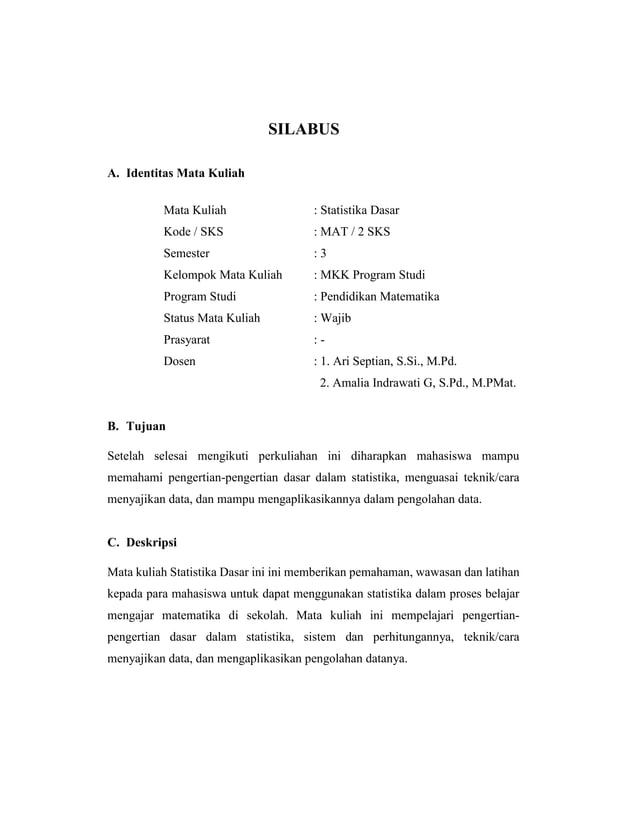Silabus statistika dasar 2015 | PDF