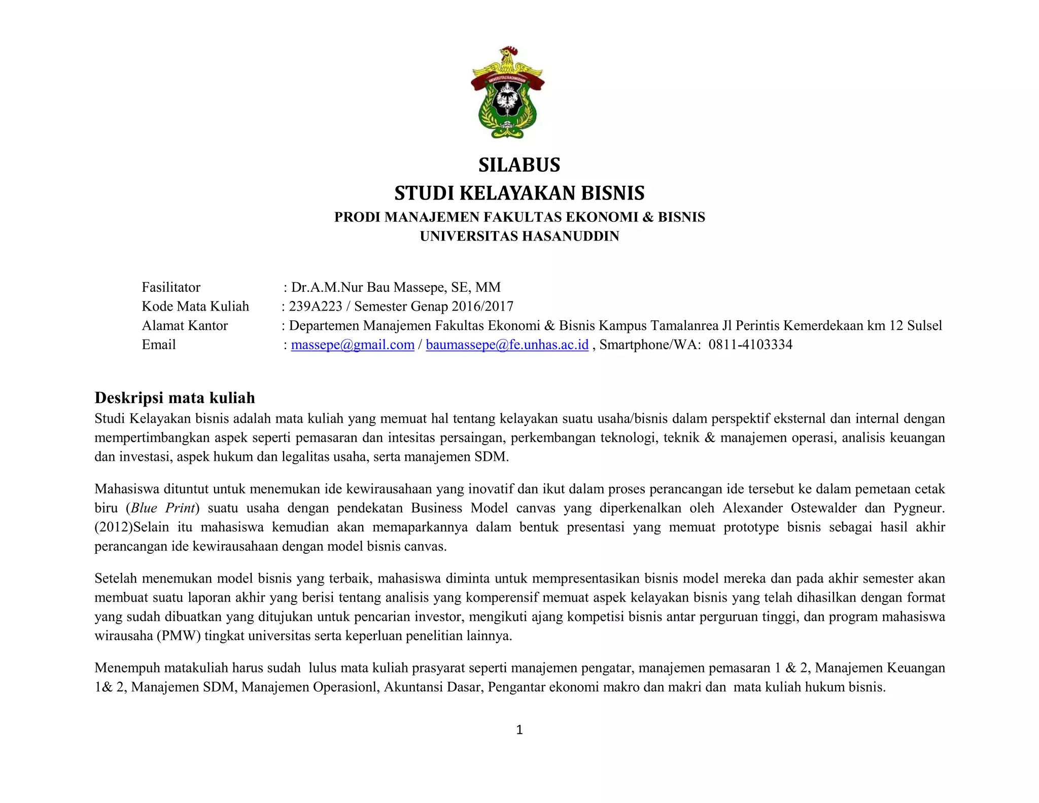 Silabus studi kelayakan bisnis dengan pendekatan business model | PDF