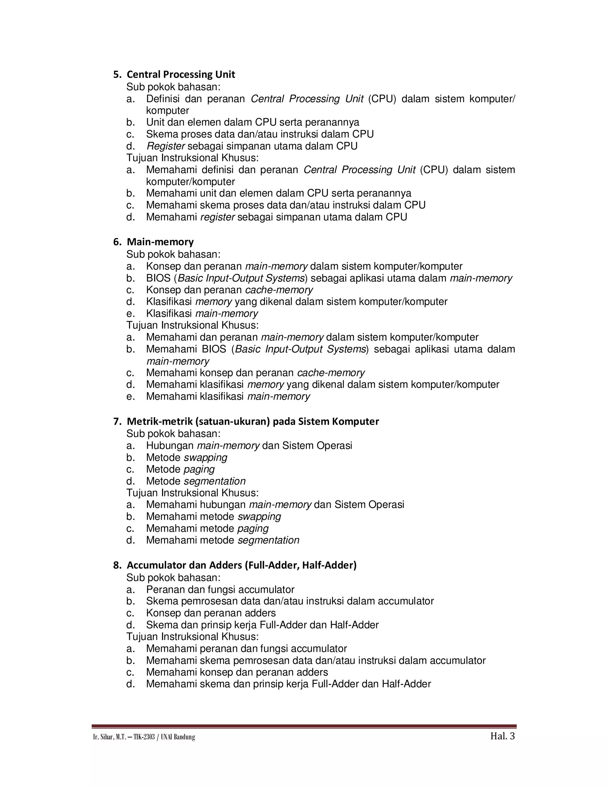 Silabus TIK-2303 Arsitektur & Organisasi Komputer | PDF