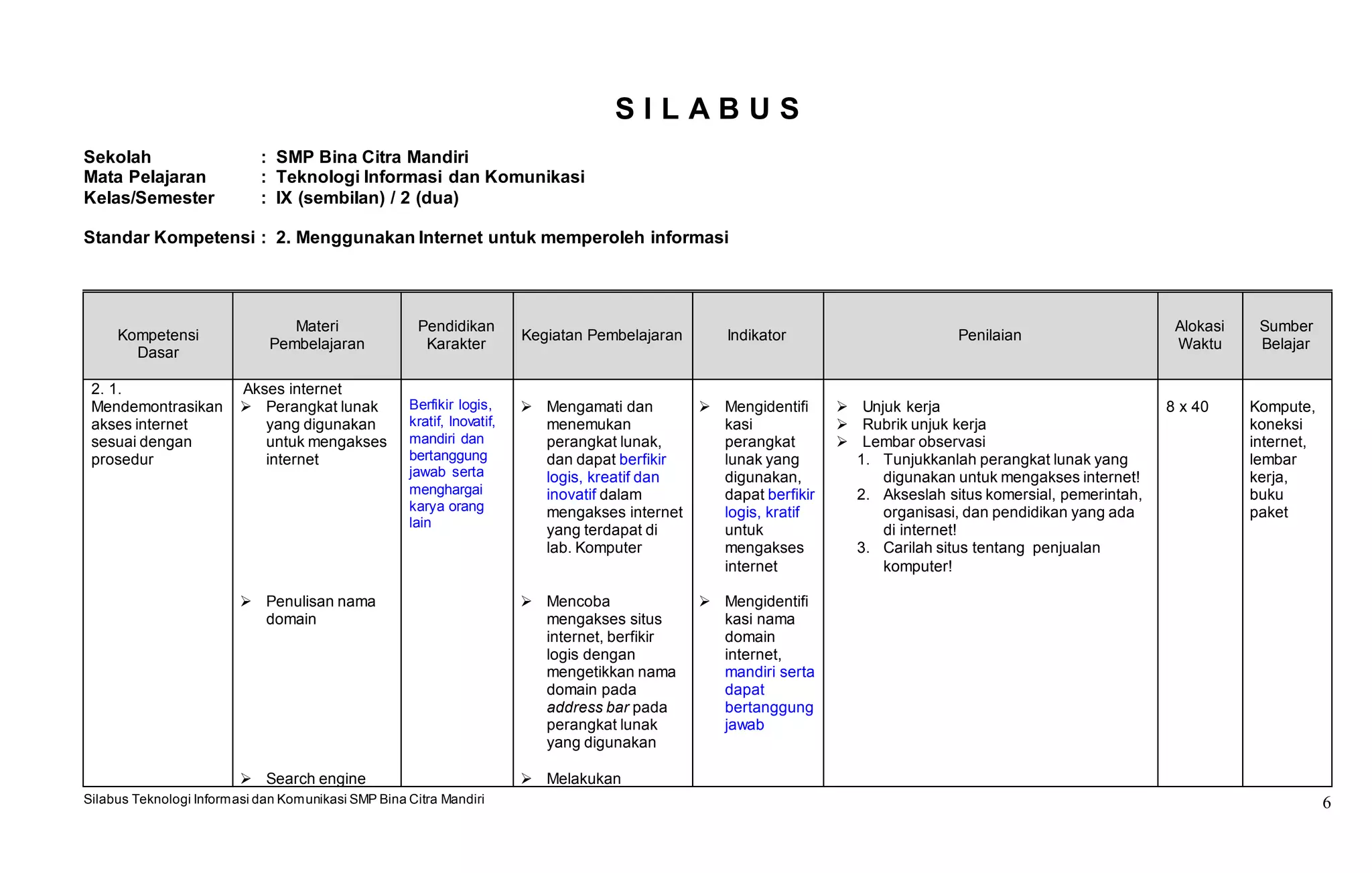 SILABUS TIK KELAS IX SEMESTER 1 DAN 2 | DOC