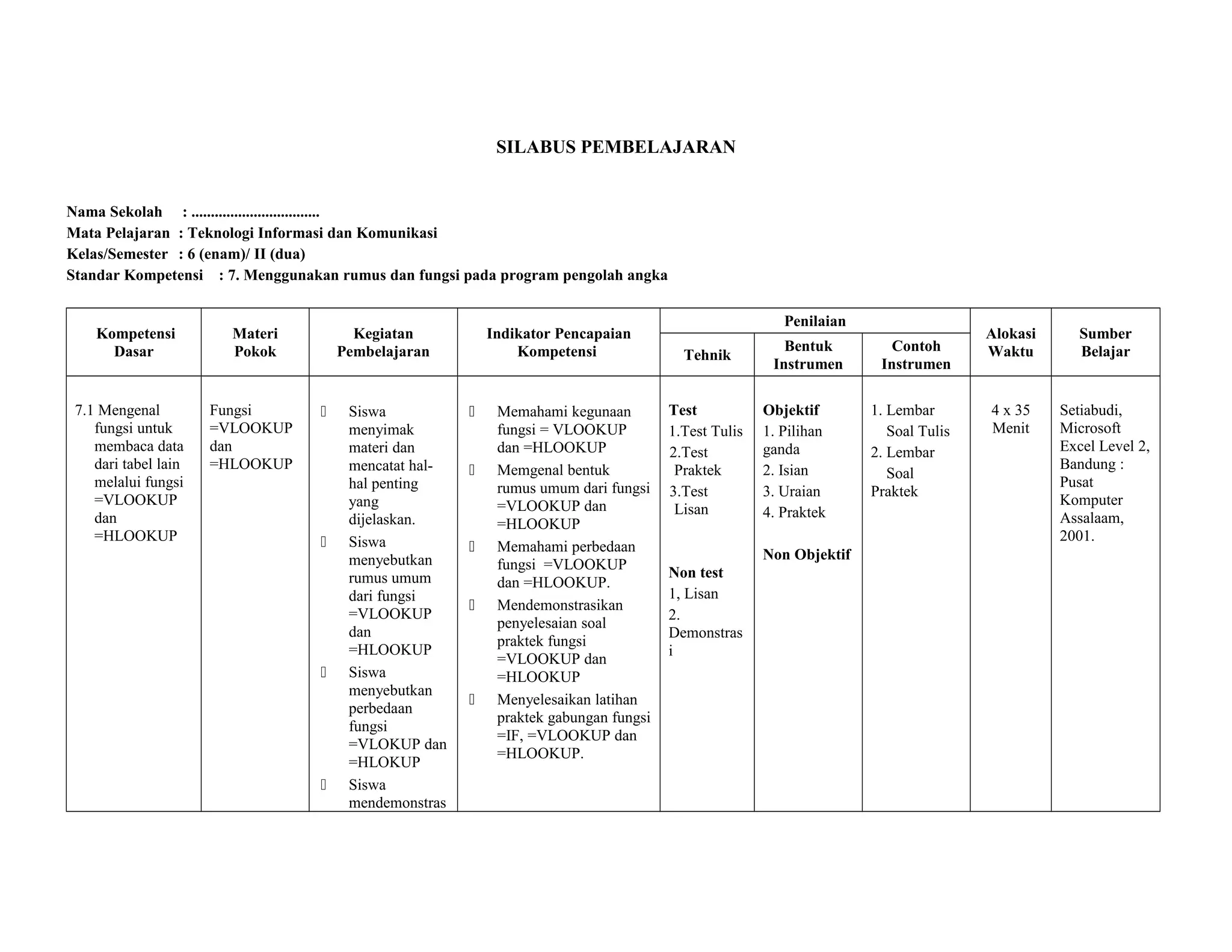 Silabus TIK kelas VI | DOC