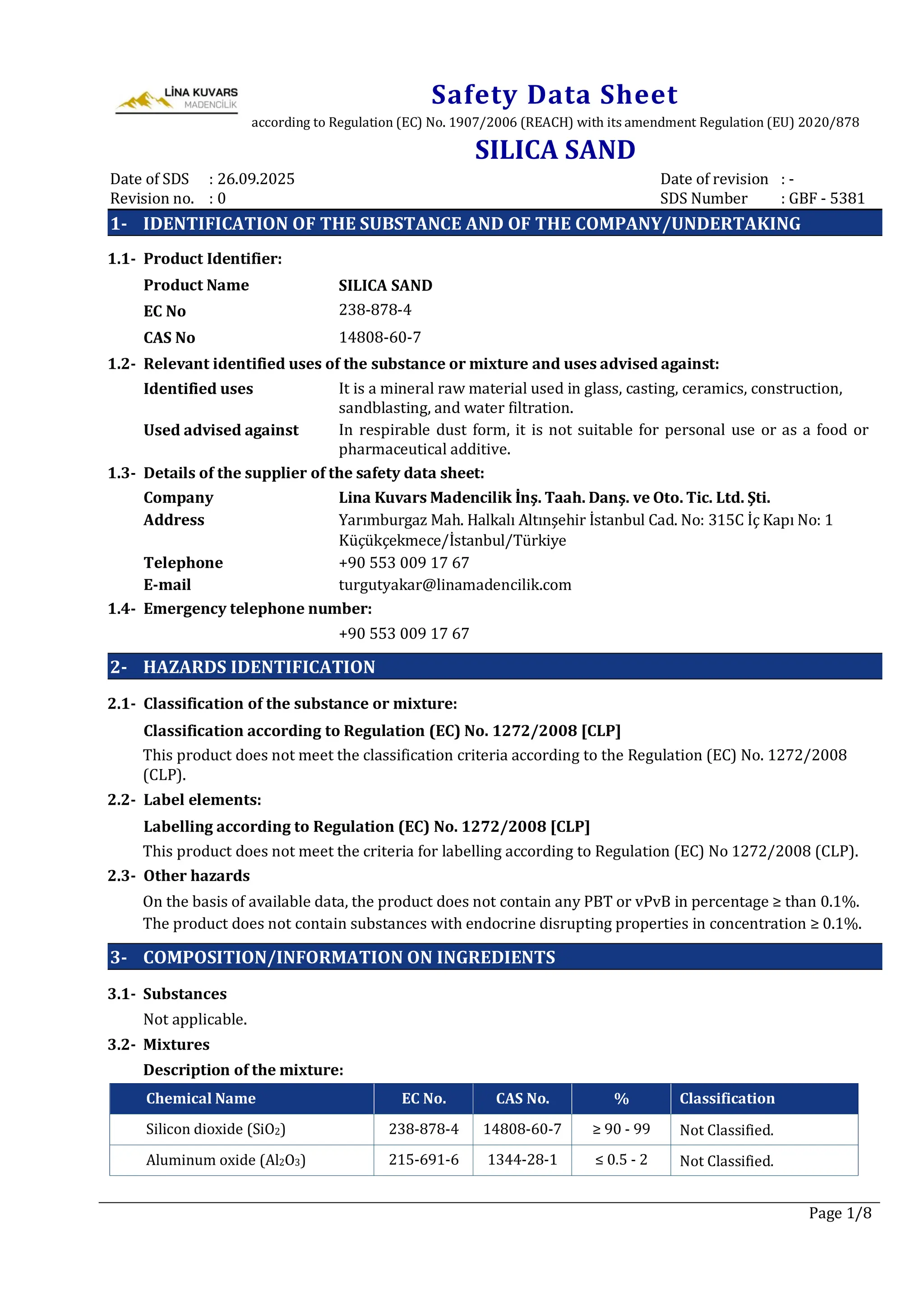 Safety Data Sheet (SDS) – Quartz Sand & Silica Materials | Lina Kuvars ...